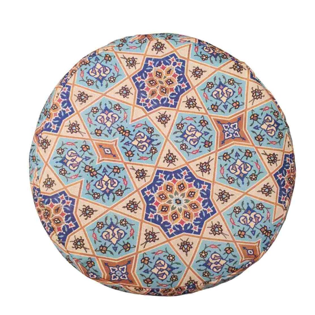Round Velvet Footstool Inspired by Persian Art Blue Geometric - ShopiPersia