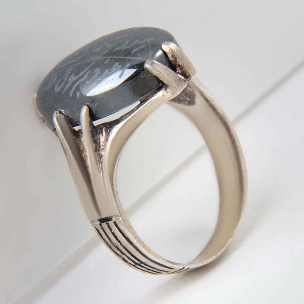 Islamic Silver Ring with Hadid Hematite for Men Calligraphy - ShopiPersia
