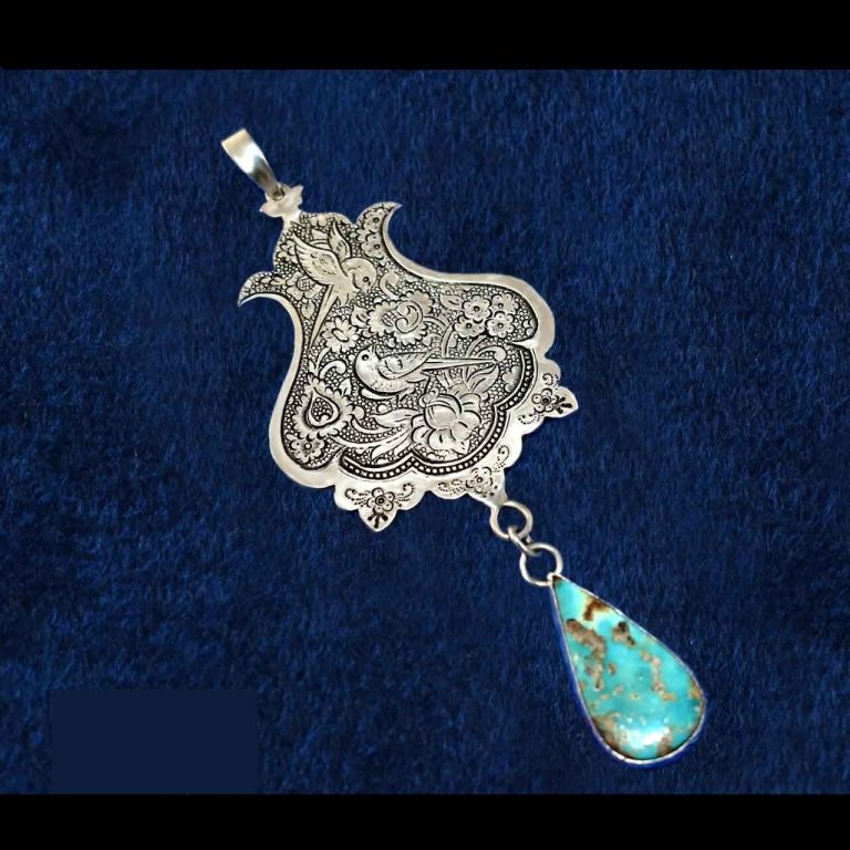 Engraved Turquoise Pendant In 925 Sterling Silver - ShopiPersia