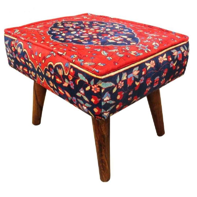 Traditional Red Persian Footstool with Wooden Legs and Velvet Fabric ...