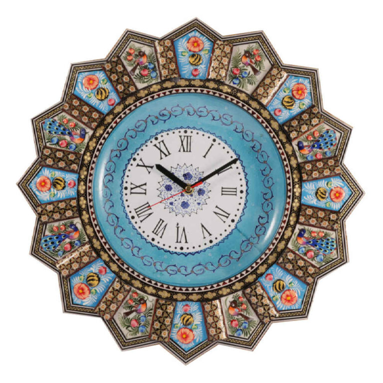 Wooden Wall Clock Persian Artisan-Crafted Khatamkari Armaghan - ShopiPersia