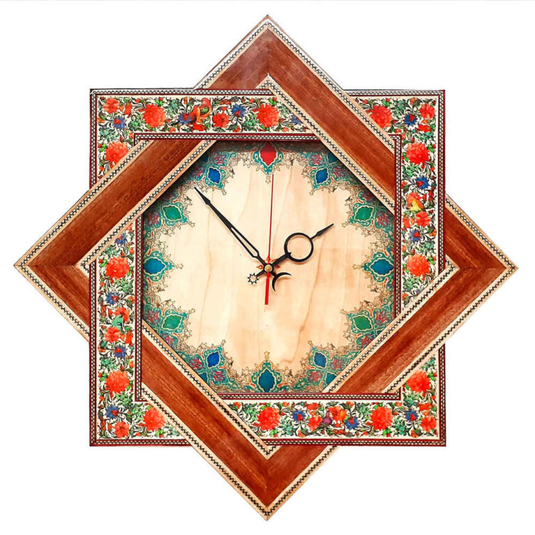 Wooden Wall Clock Persian Artisan-Crafted Khatamkari Narenji - ShopiPersia