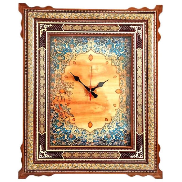 Wooden Wall Clock Persian Artisan-Crafted Khatamkari Tazhib - ShopiPersia