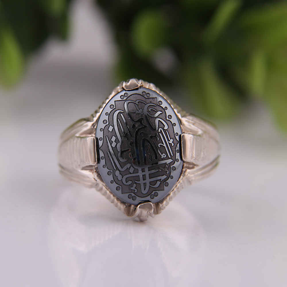 Islamic Hematite Silver Ring Hadid Gemstone for Men Raya - ShopiPersia