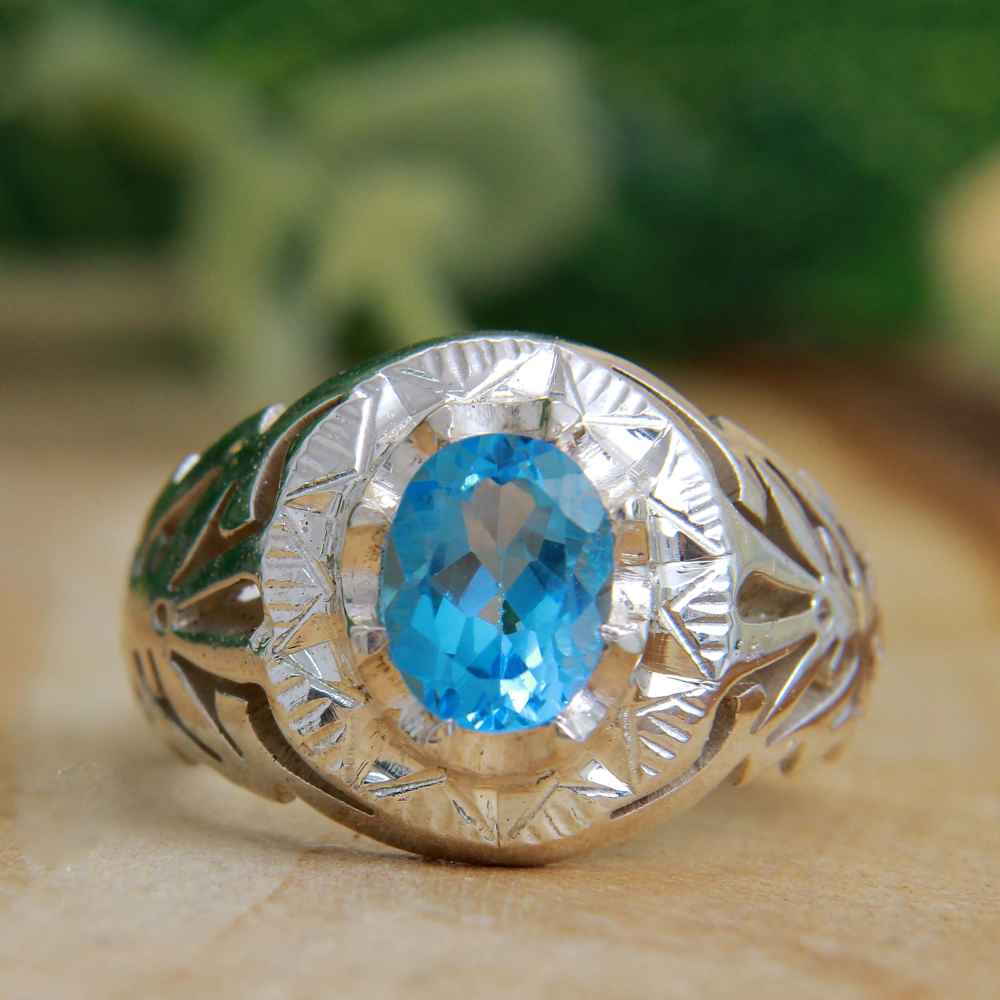 Blue Swiss Topaz Men's Silver Ring Model Milad - ShopiPersia