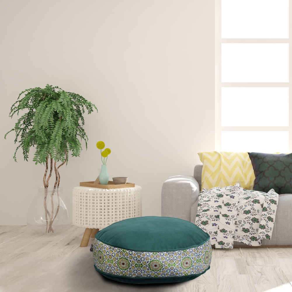 Bohemian Round Velvet Pouf Inspired by Persian Art Green Haleh ...