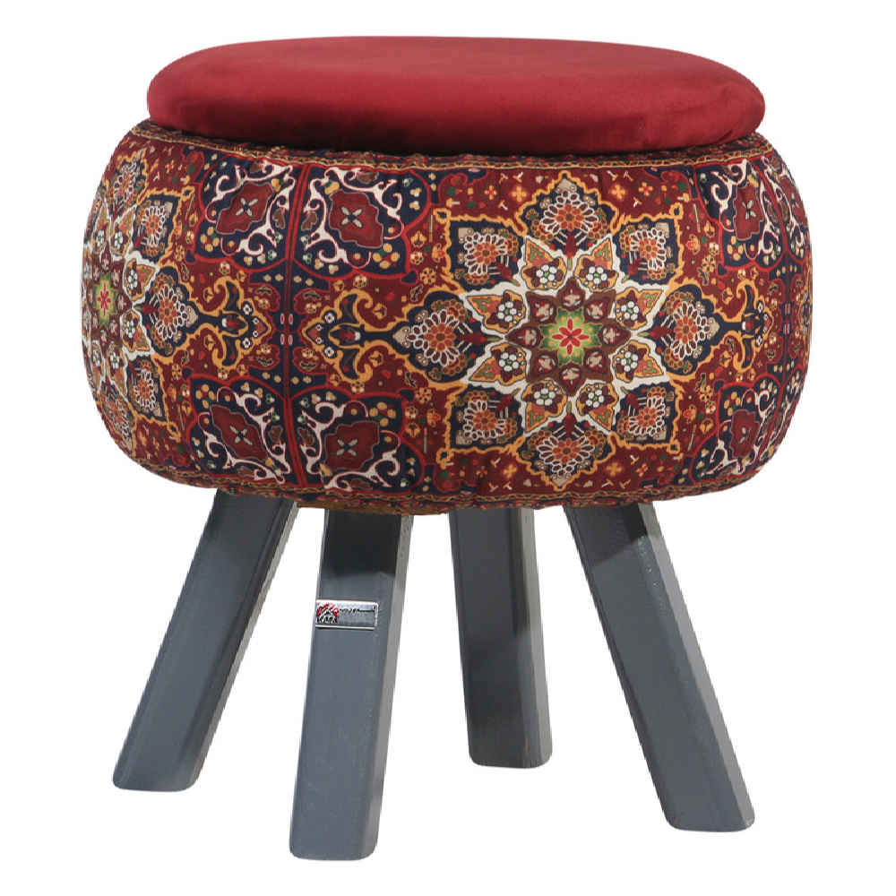 Round Velvet Footstool with Wooden Legs Inspired by Persian Art Maroon ...