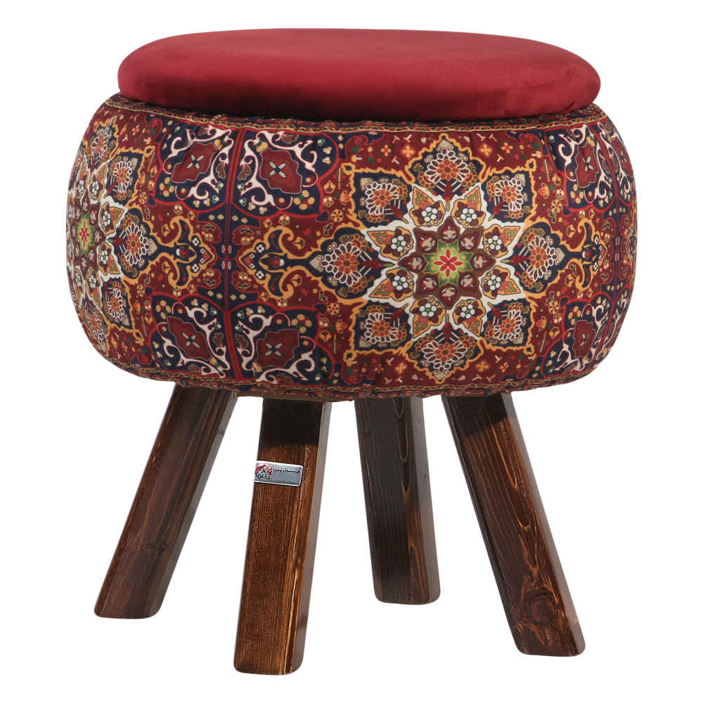 Round Velvet Footstool with Wooden Legs Inspired by Persian Art Maroon ...