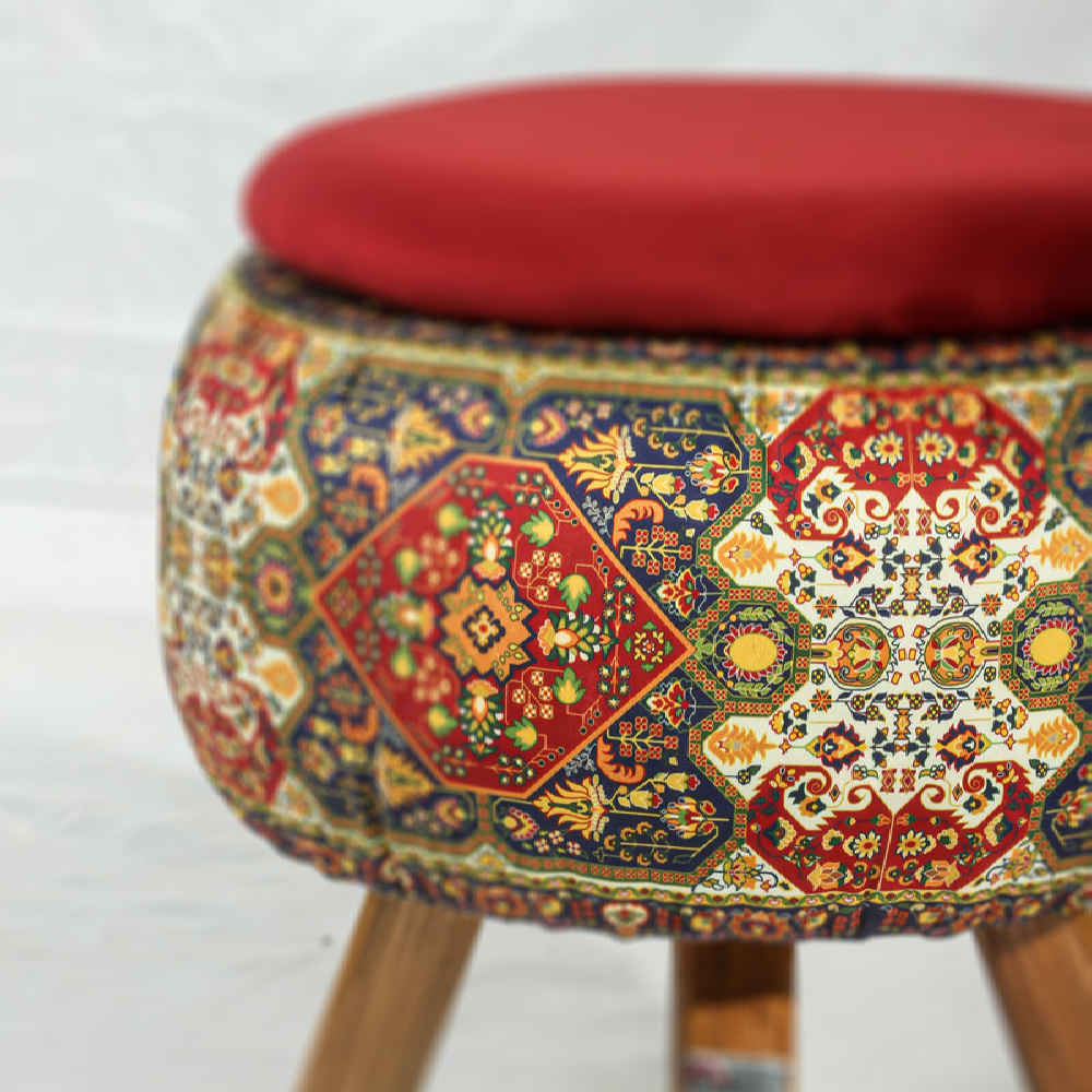 Round Velvet Footstool with Wooden Legs Inspired by Persian Art Maroon ...
