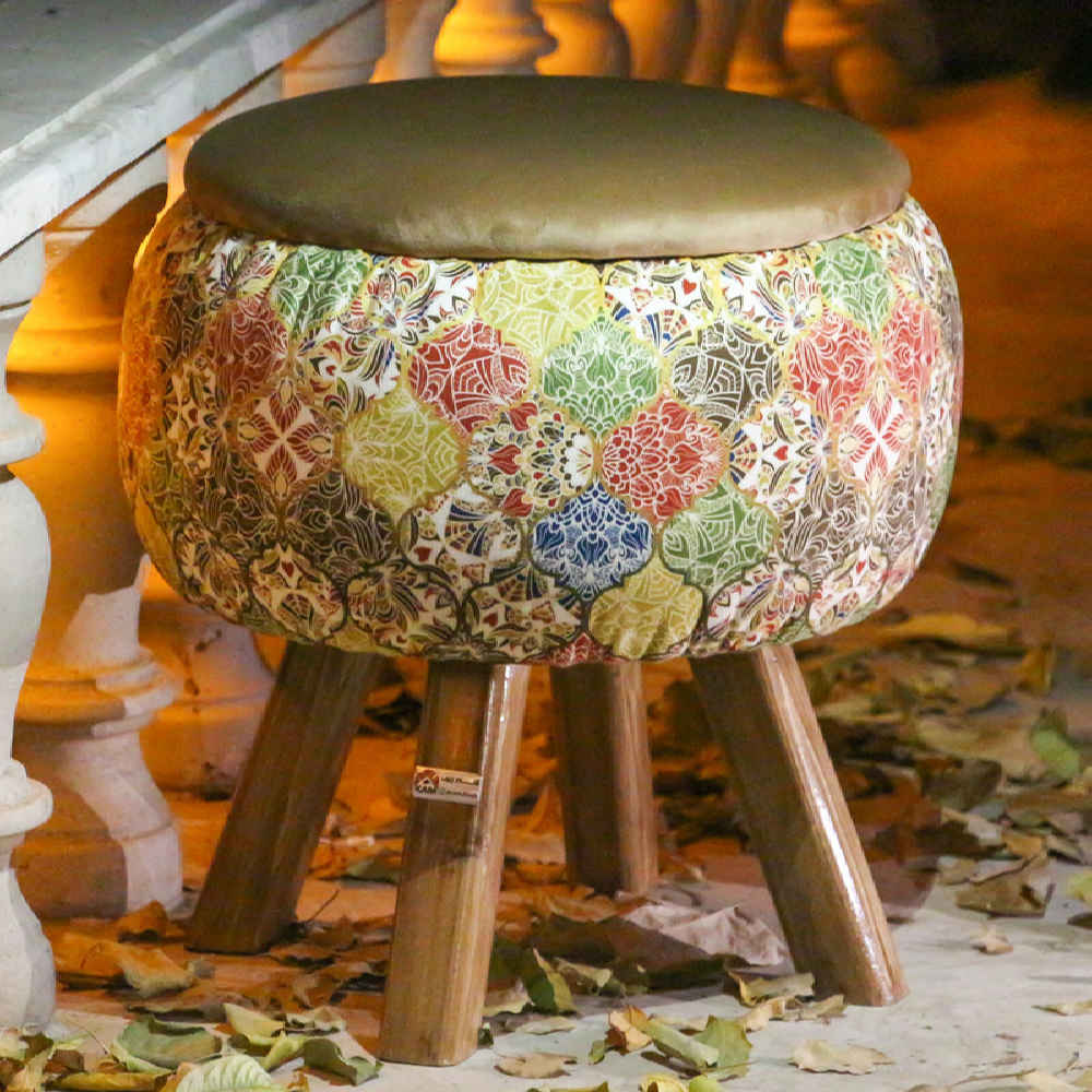 Round Velvet Footstool with Wooden Legs Inspired by Persian Art Brown ...