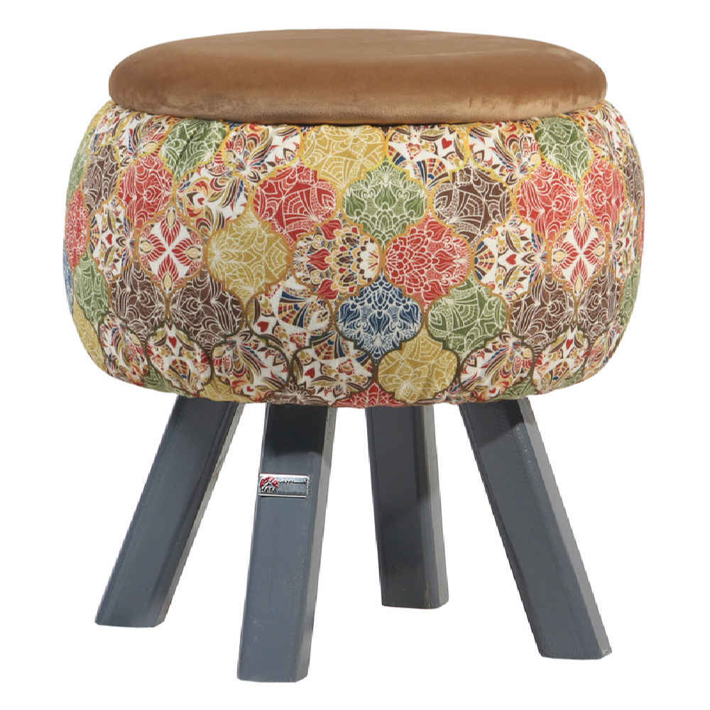Round Velvet Footstool with Wooden Legs Inspired by Persian Art Brown ...