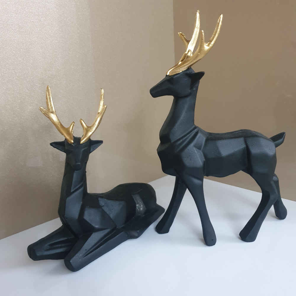 Set of 2 Geometric Black Polyester Deer Cubism Figurines - Artistic ...