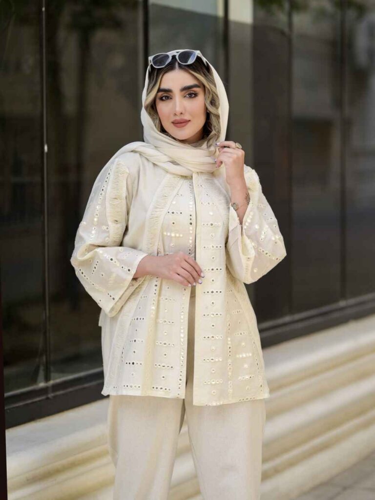 Persian Cream Manto & Pants Set Model Jeyran - ShopiPersia