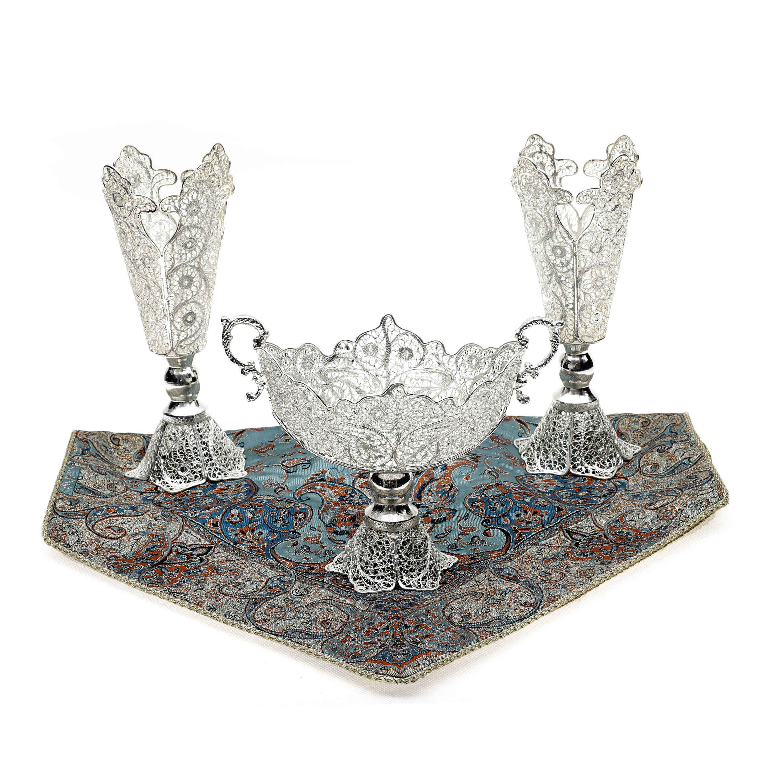 Set of 3 Decorative Persian Filigree Silver Coated Vases & Bowl Fakher ...
