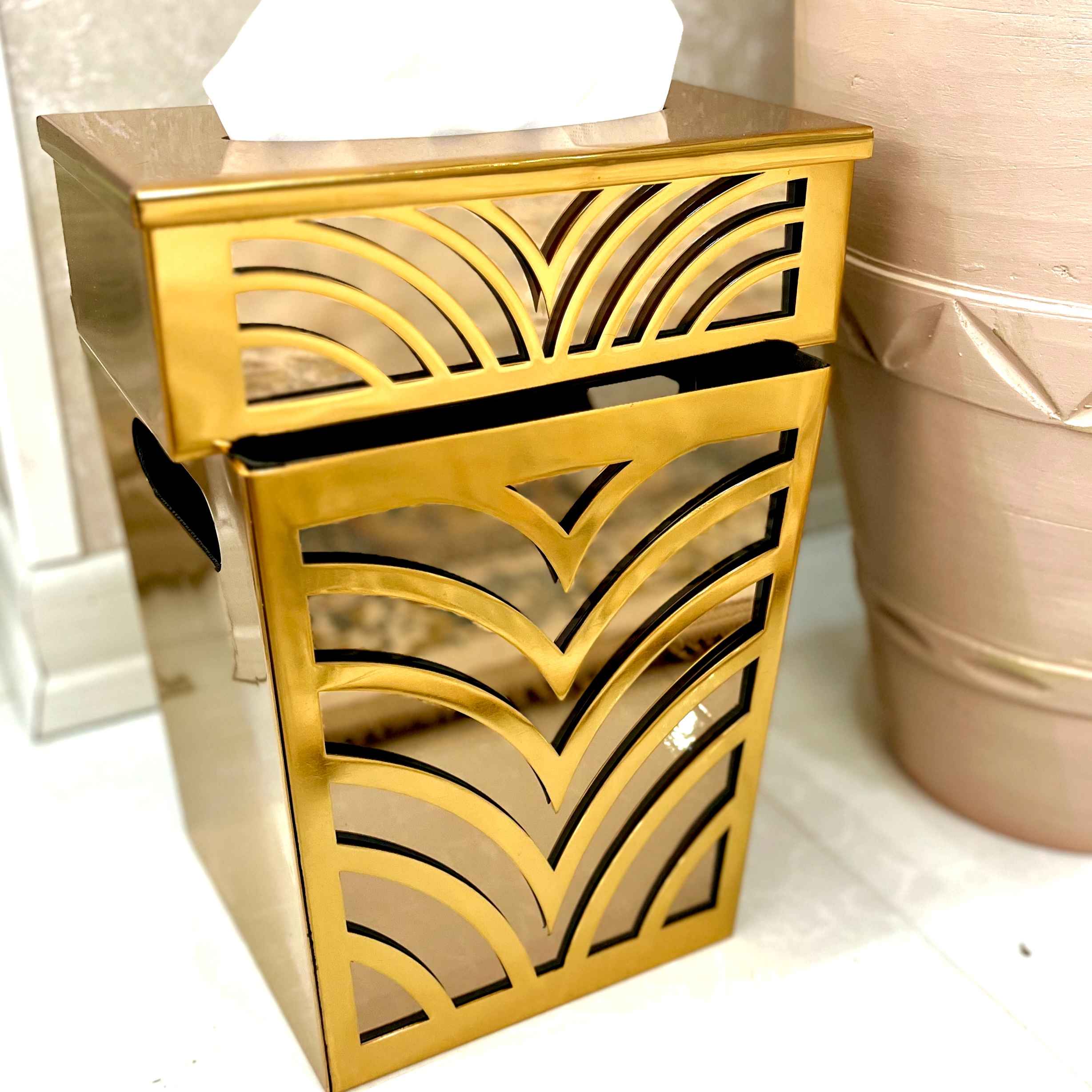 Metal Waste Basket & Tissue Box Cover With Mirror & Wood Combination ...