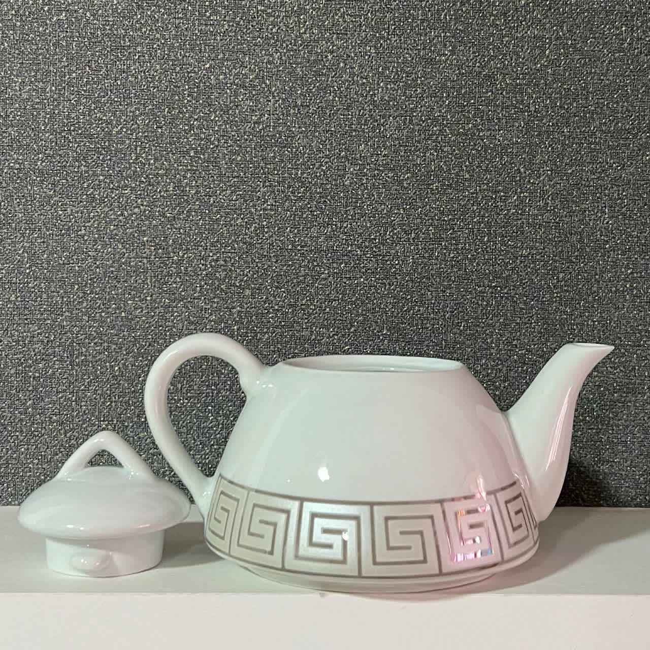 Porcelain Serving Teapot Silver Greek Key Design No1 - ShopiPersia