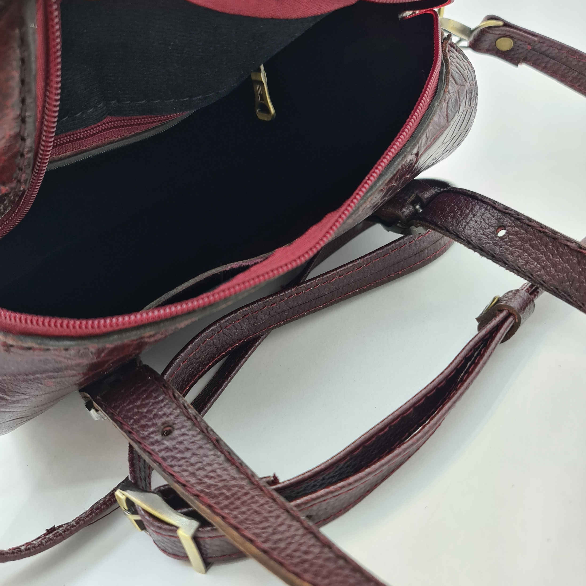 Maroon Leather Bauletto Handbag with Snakeskin Pattern for Women ...