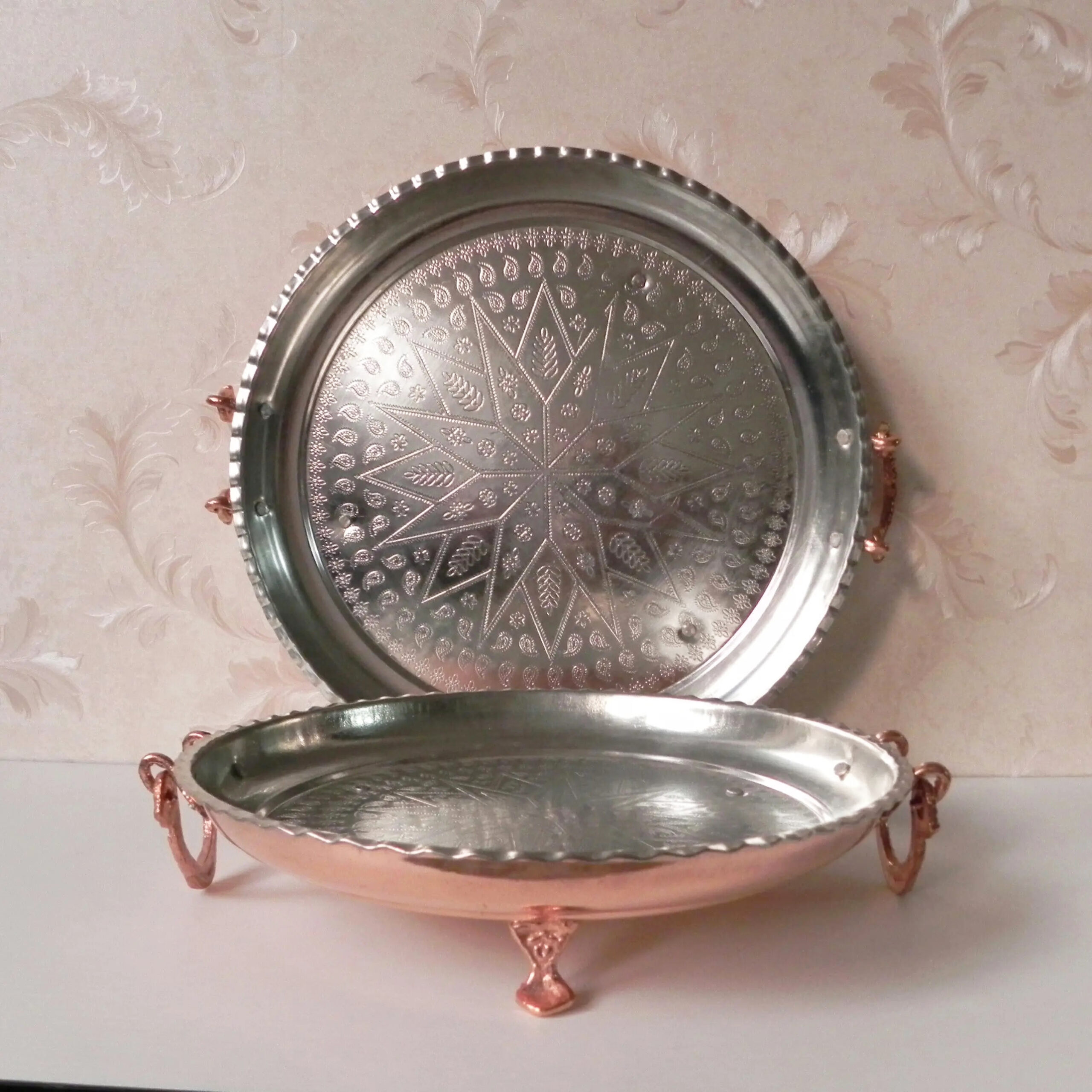 Persian Copper Serving Platter Hammered Footed - ShopiPersia