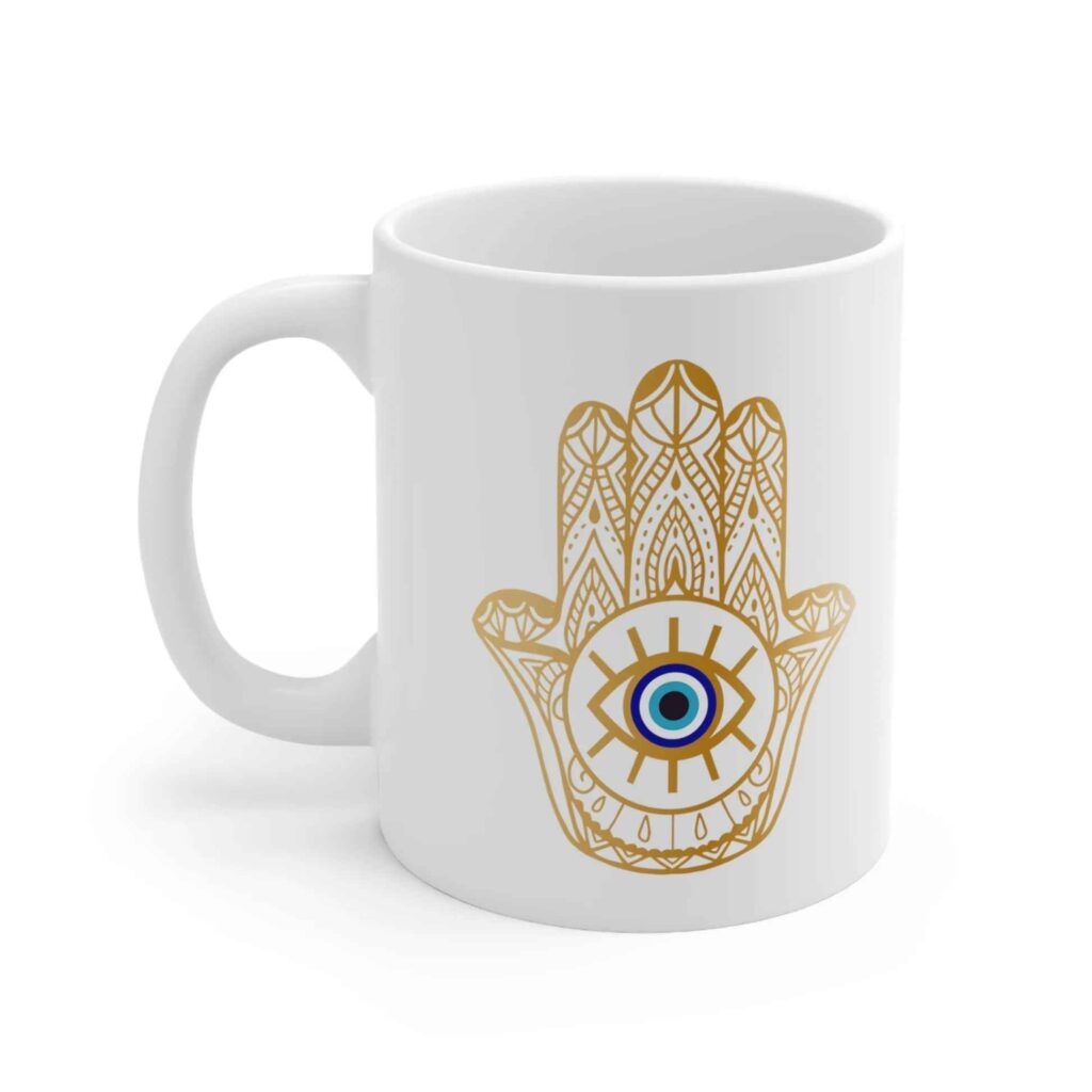 Islamic Ceramic Coffee Mug - Gold Hamsa Hand Pattern - ShopiPersia