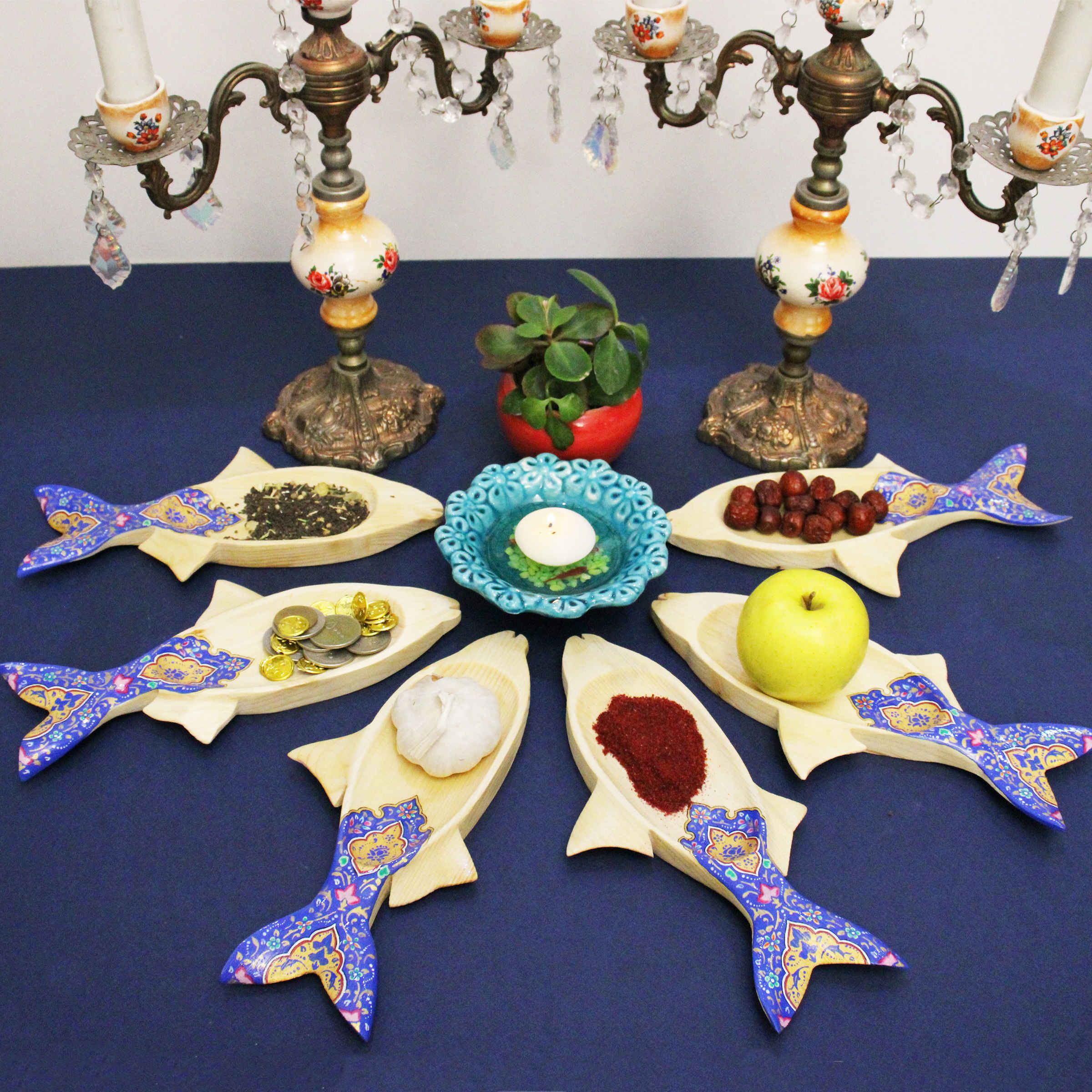Wooden Haft Seen Set for Nowruz Traditional Fish Design - ShopiPersia