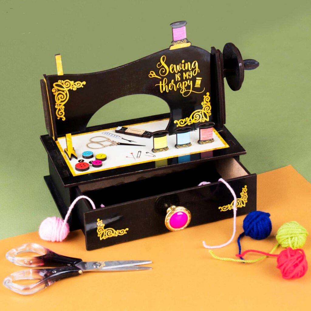 Wooden Sewing Box with Sewing Machine Design - ShopiPersia