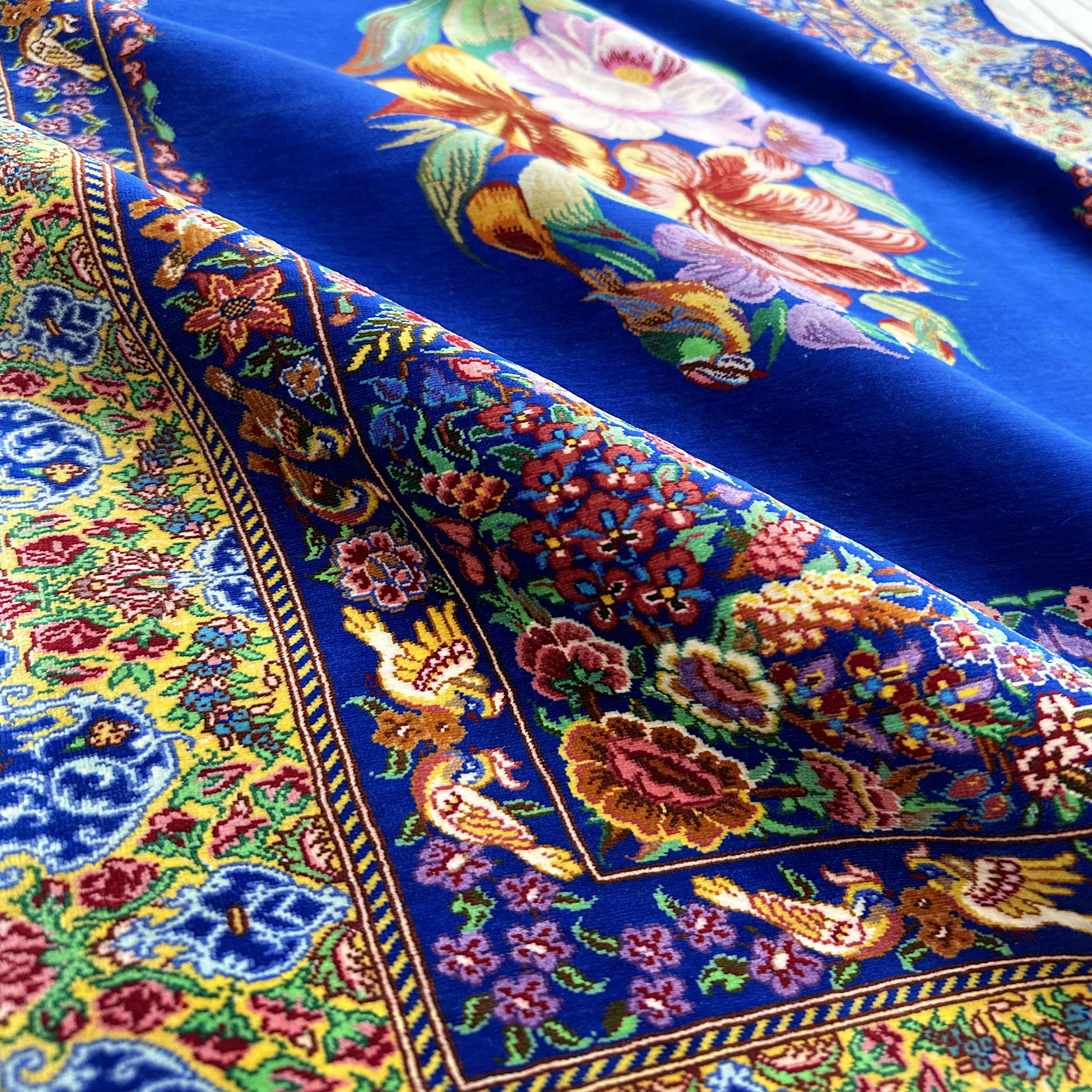 Genuine Persian Silk Carpet Hand-Knotted in Ghom Floral Blue - ShopiPersia