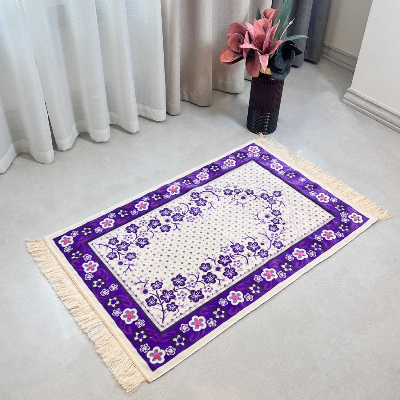 Islamic Prayer Mat Padded Janamaz Floral Bordered Purple - ShopiPersia