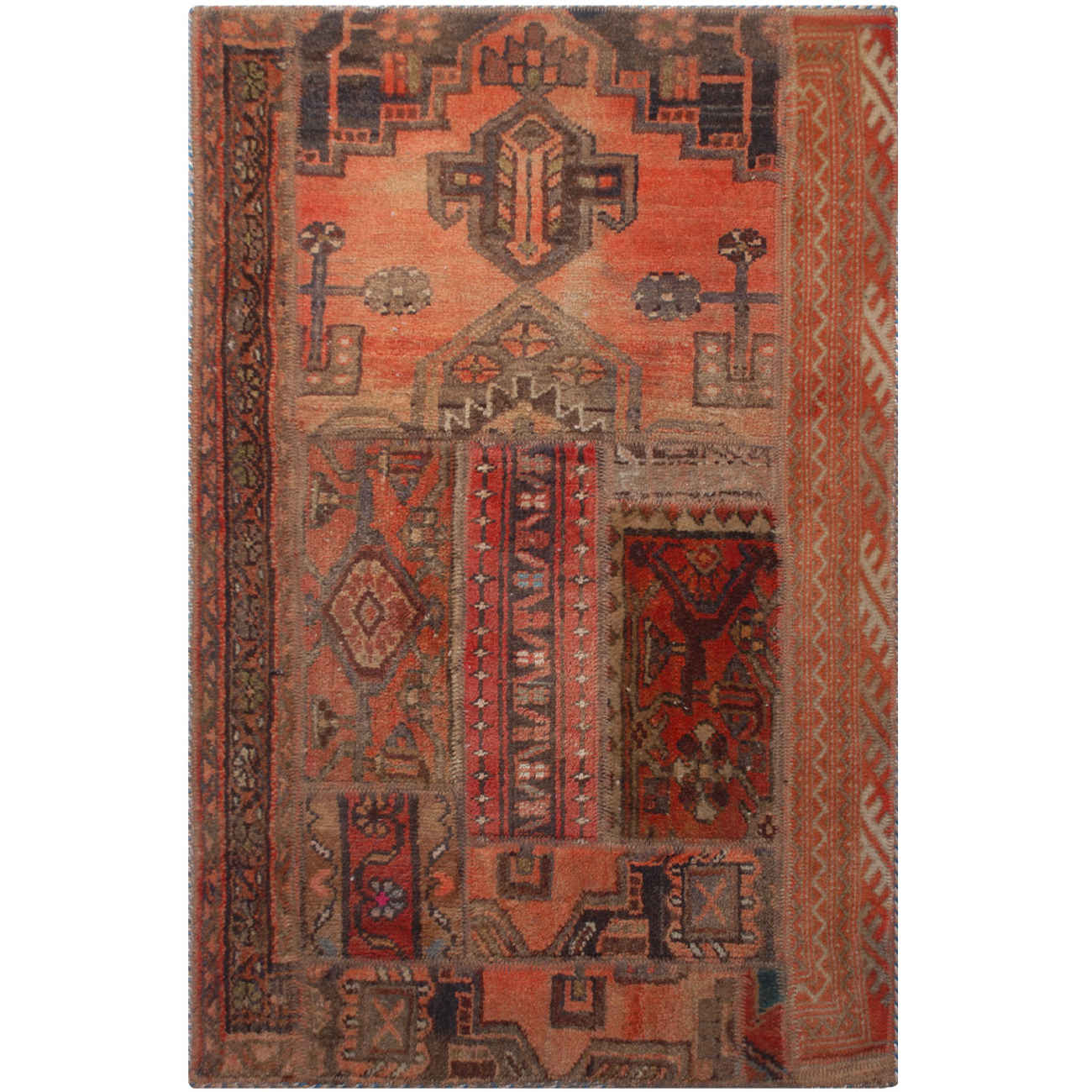 Vintage Persian Hand-Knotted Patchwork Carpet Brick Red - ShopiPersia