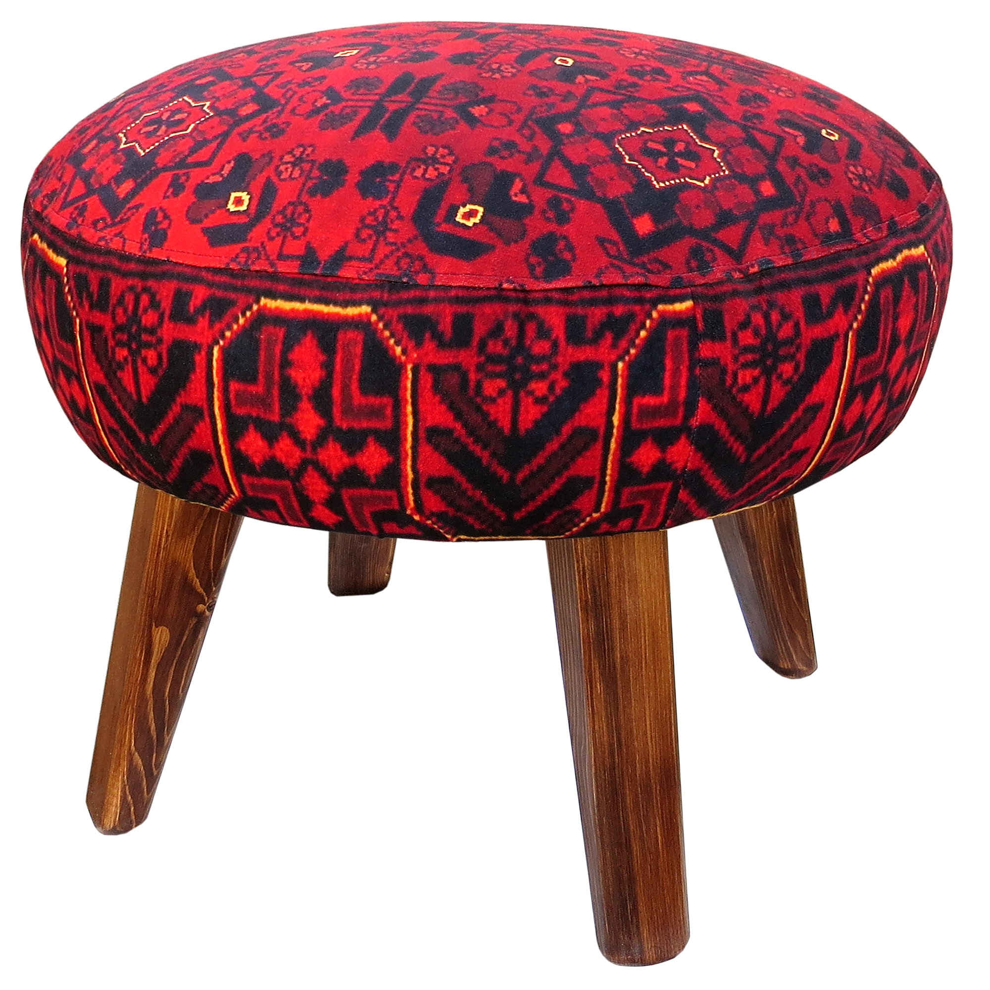Traditional Red Persian Footstool with Wooden Legs and Velvet Fabric ...