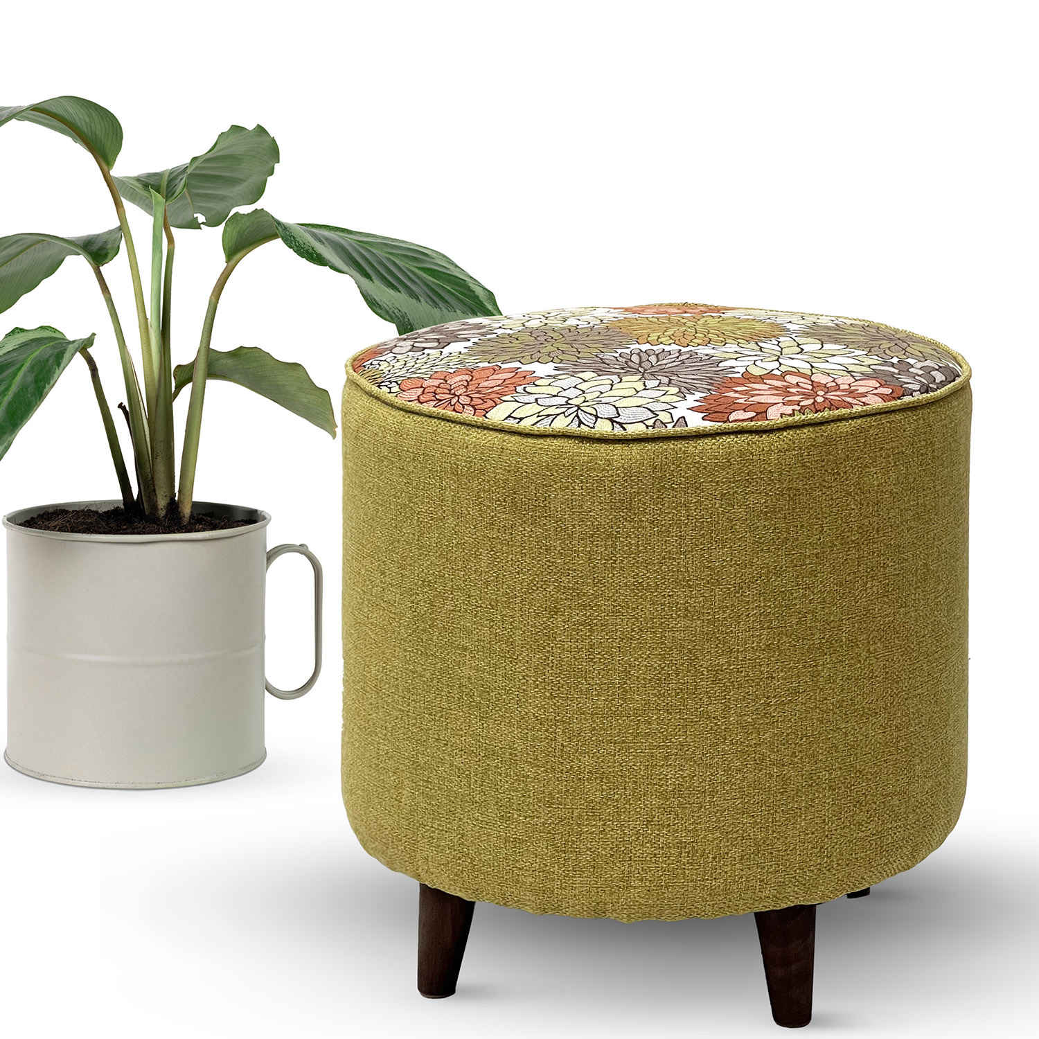 Round Footstool Floral Green with Wooden Legs - ShopiPersia