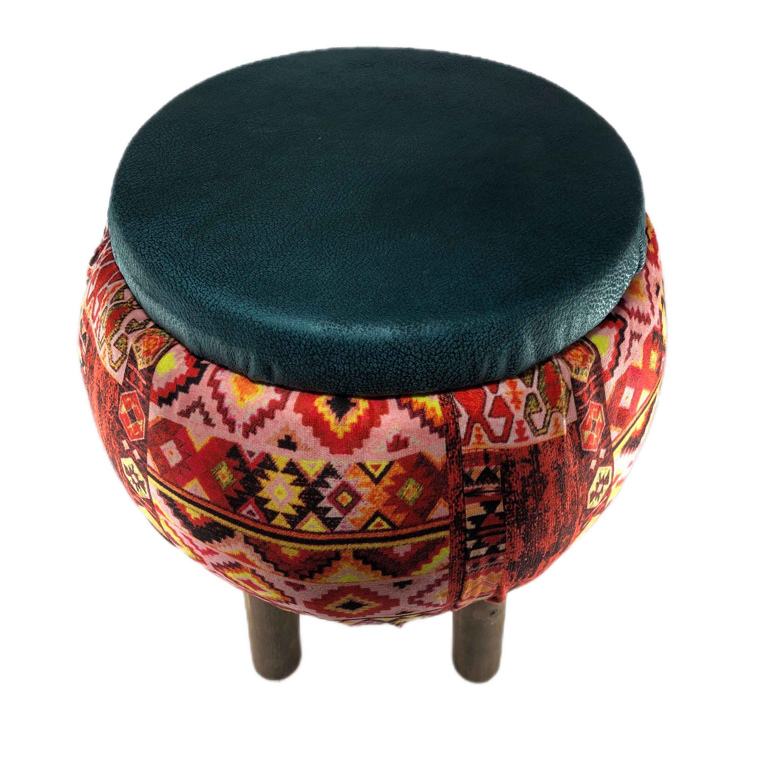 Velvet Footstool with Wooden Legs Inspired by Persian Art Round and ...