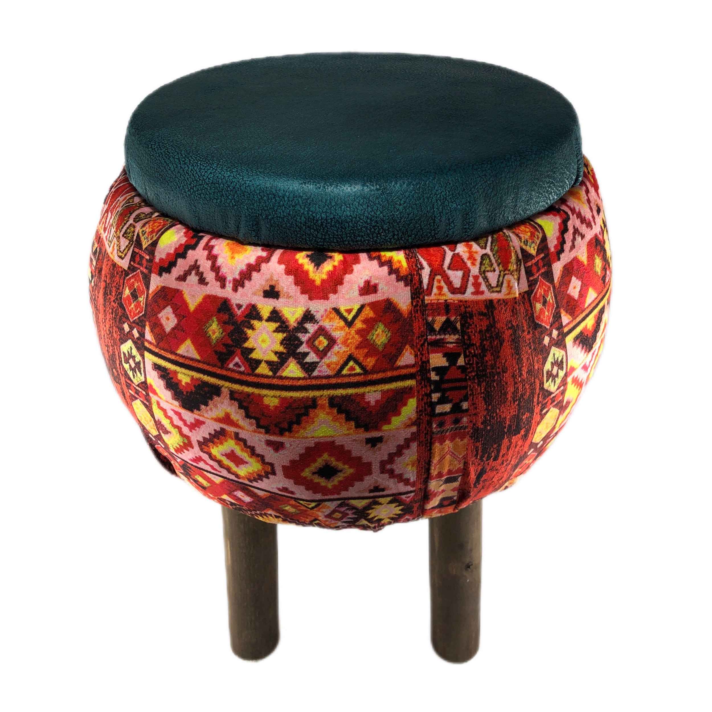 Velvet Footstool with Wooden Legs Inspired by Persian Art Round and ...