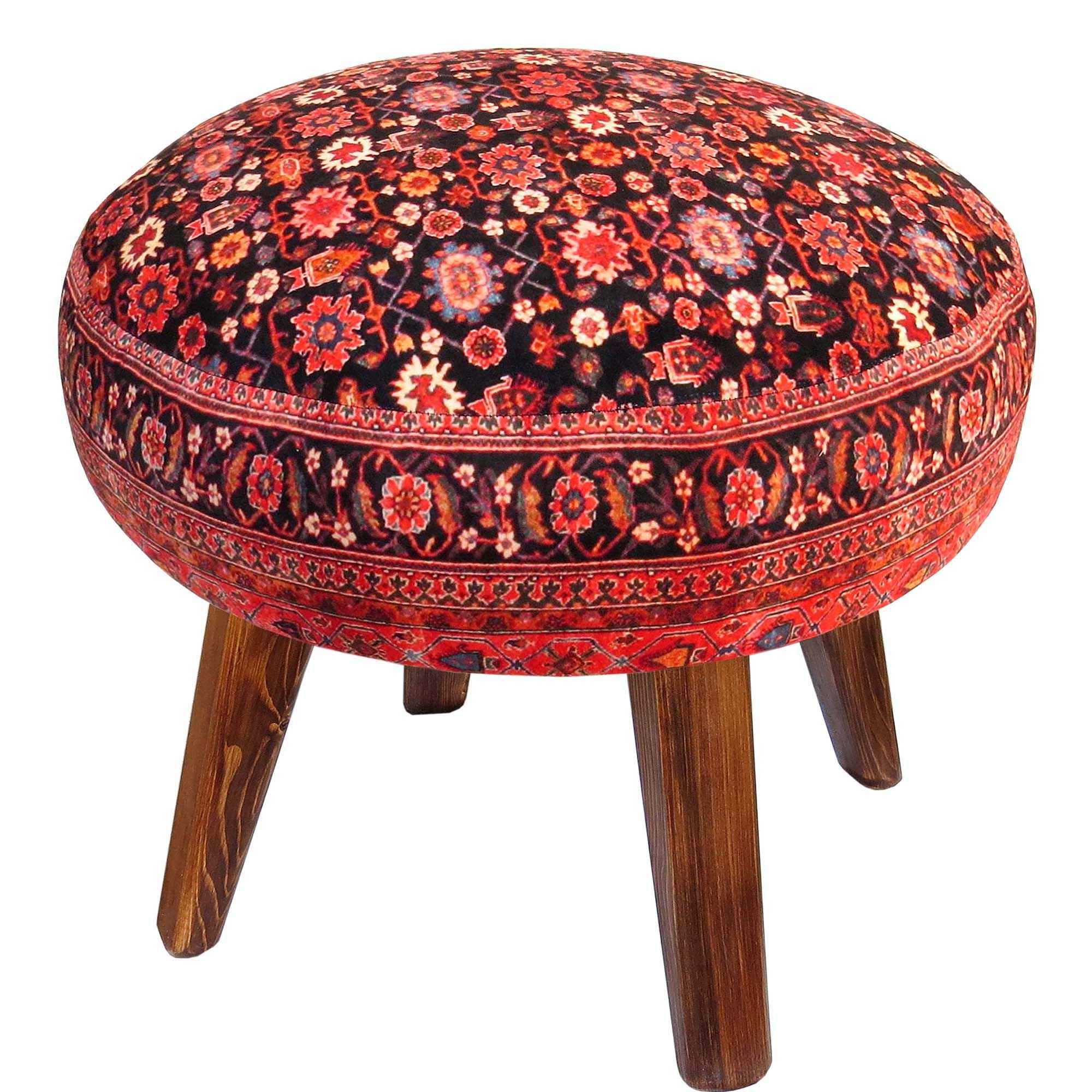 Traditional Red Persian Footstool with Wooden Legs and Velvet Fabric ...
