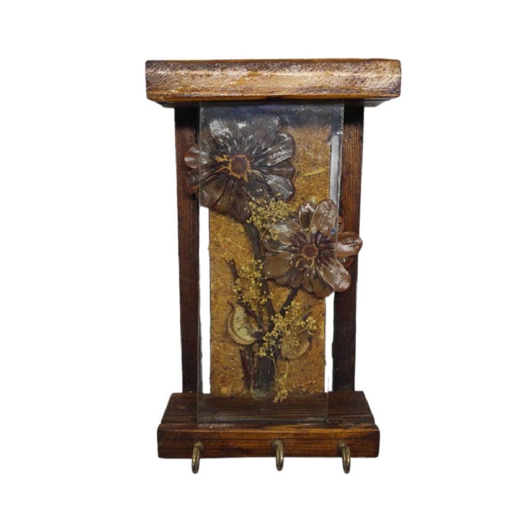 Wooden Wall Key Holder with Flowers & Glass Design - ShopiPersia