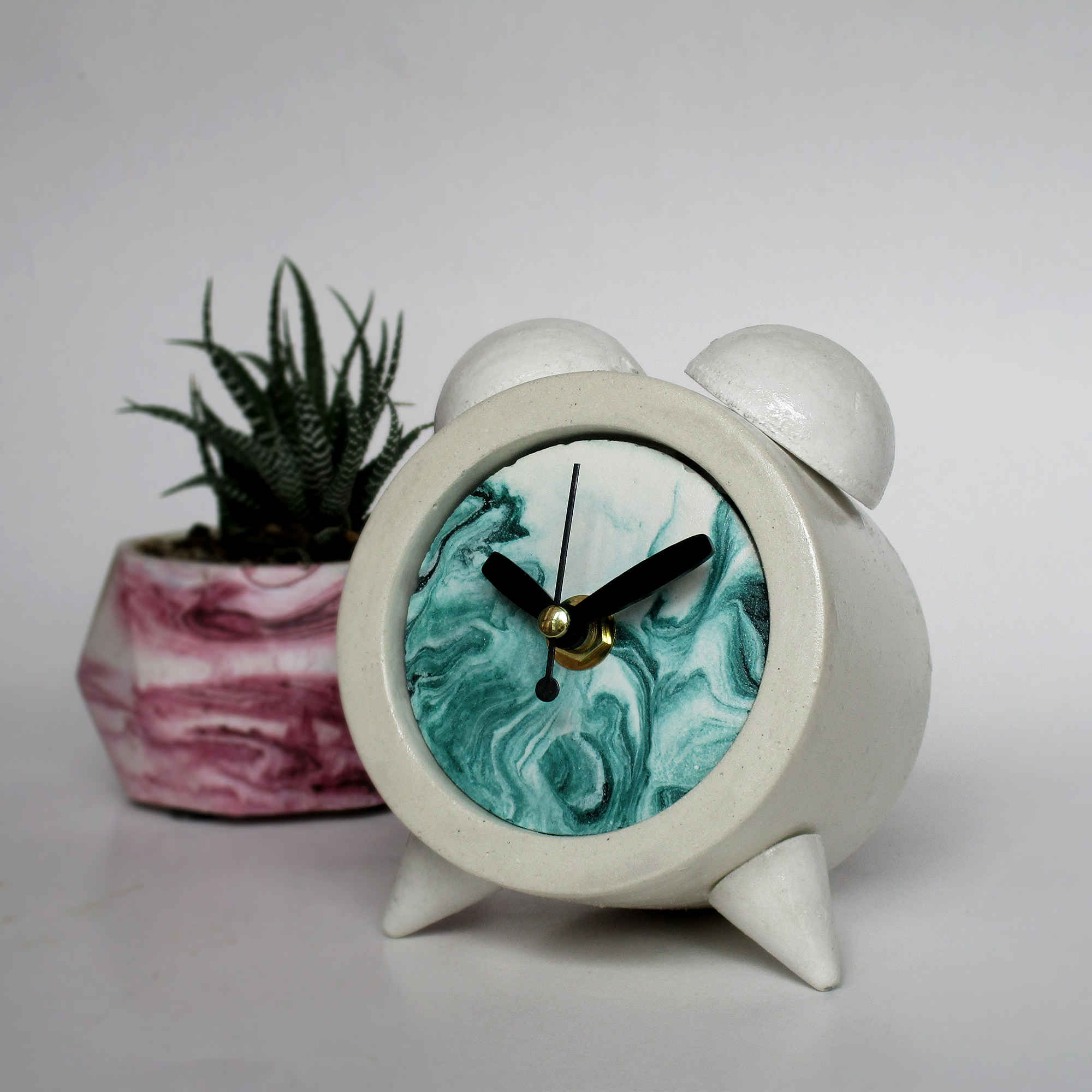Handmade Concrete Twin Bell Clock with Marble Design - ShopiPersia