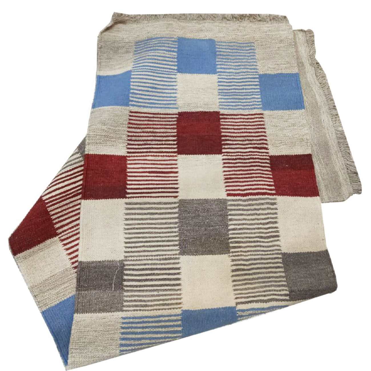 Original Persian Wool Kilim Rug Handwoven Checkered Cream - ShopiPersia