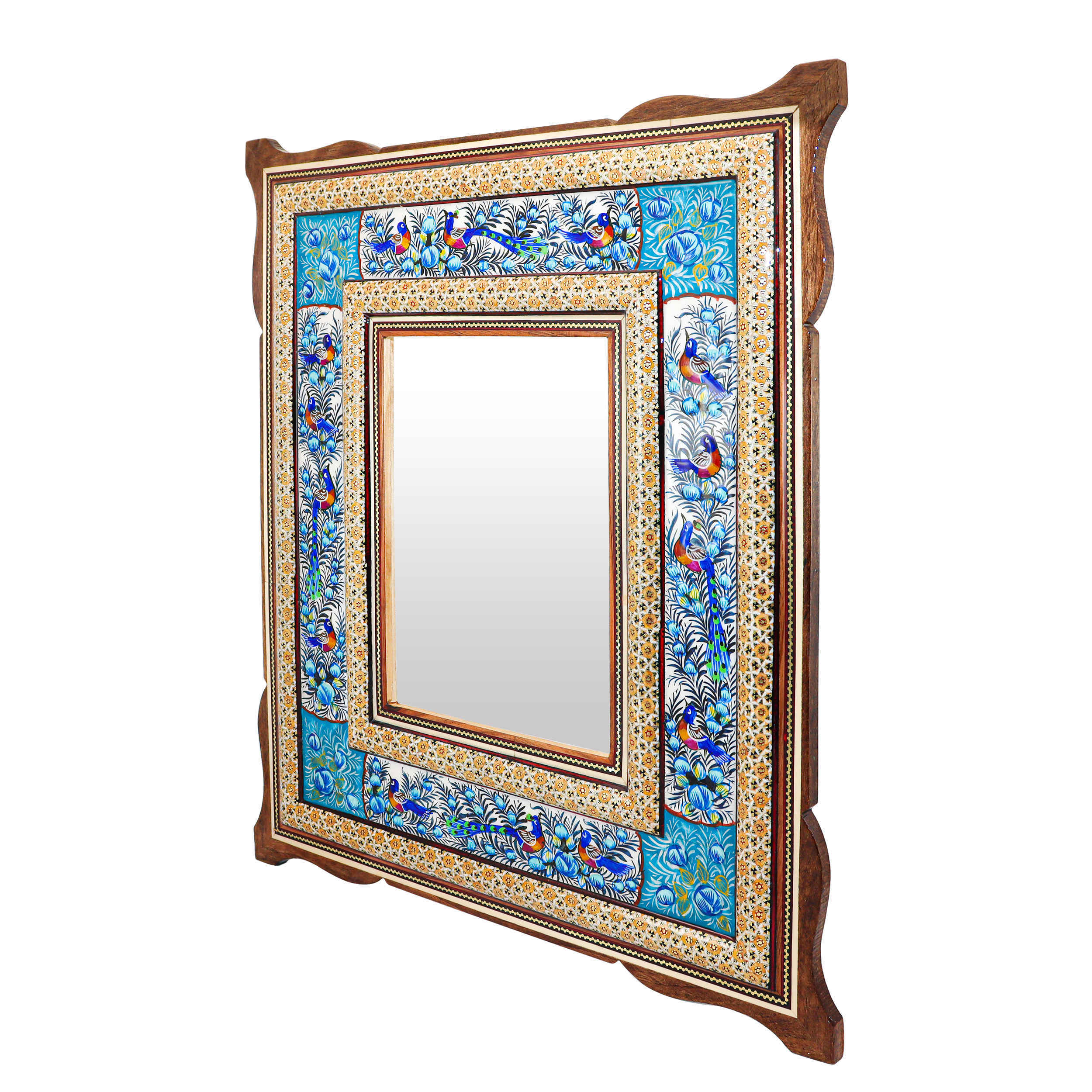 Persian Wooden Mirror Frame – Khatamkari Peacock & Floral Motifs ...