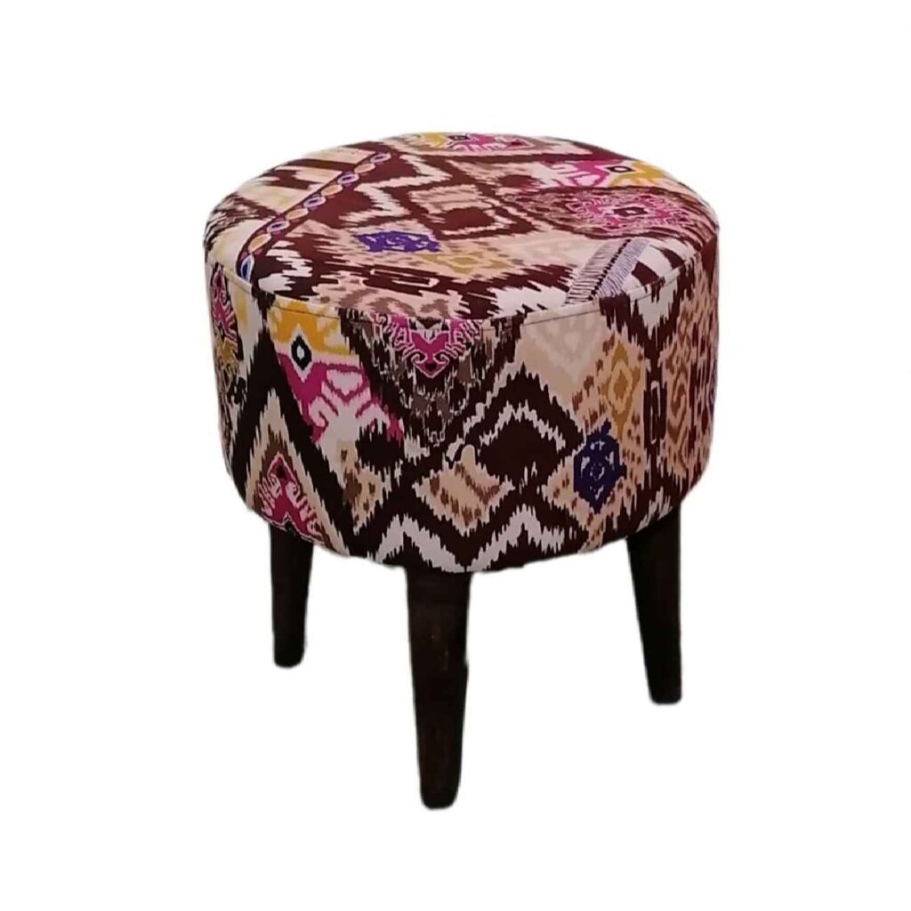 Round Footstool with Wooden Legs Inspired by Persian Art - ShopiPersia