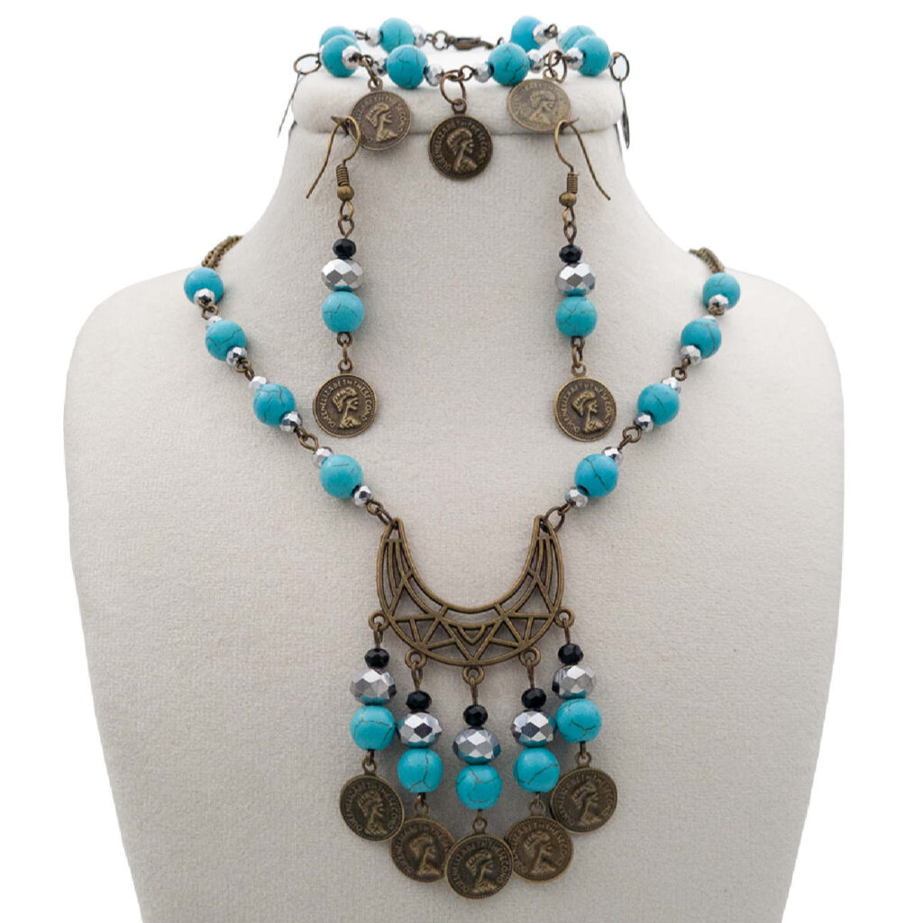 Jewelry Set with Turquoise Stones and Coins - ShopiPersia