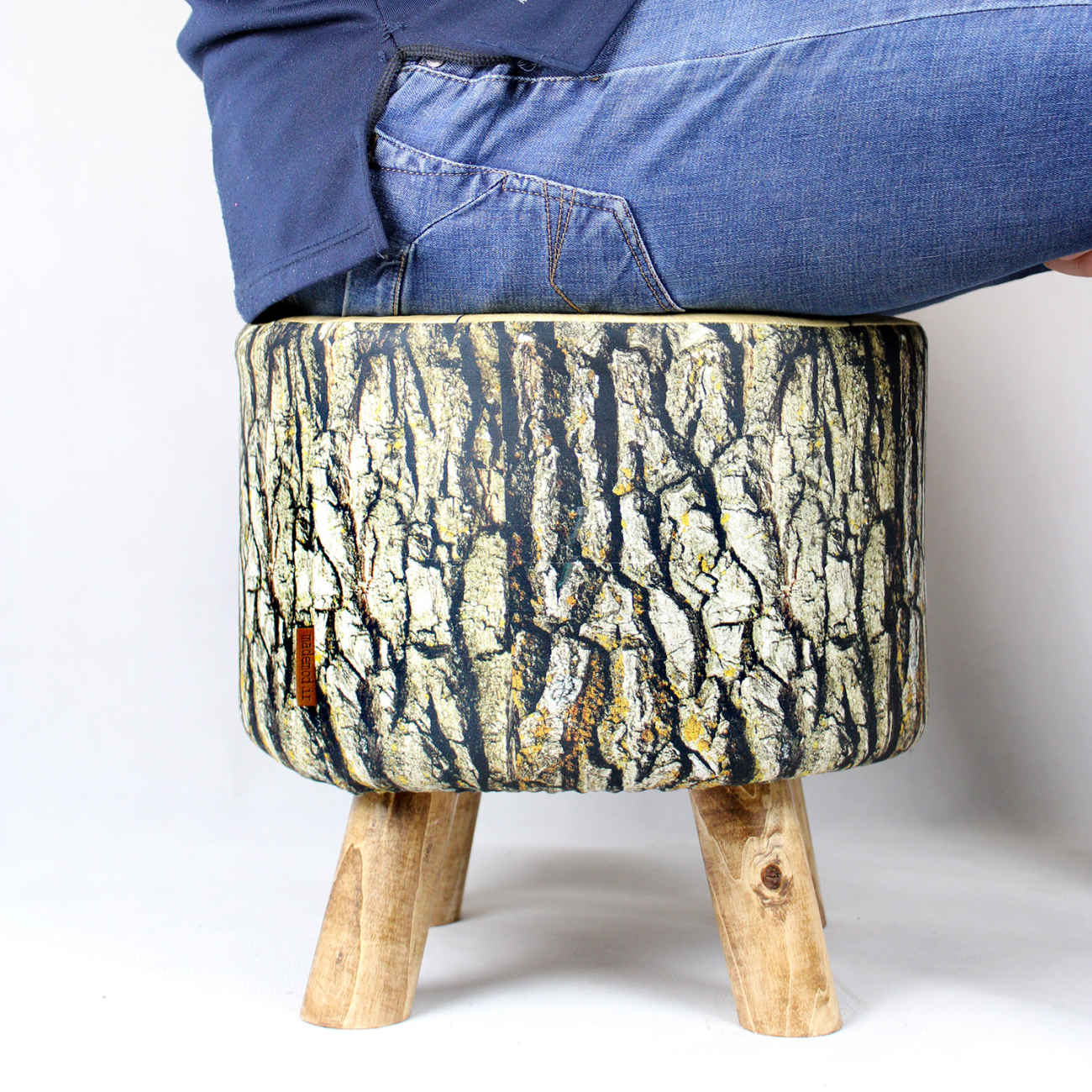 Round Velvet Footstool with Tree Trunk design & Wooden Legs - ShopiPersia