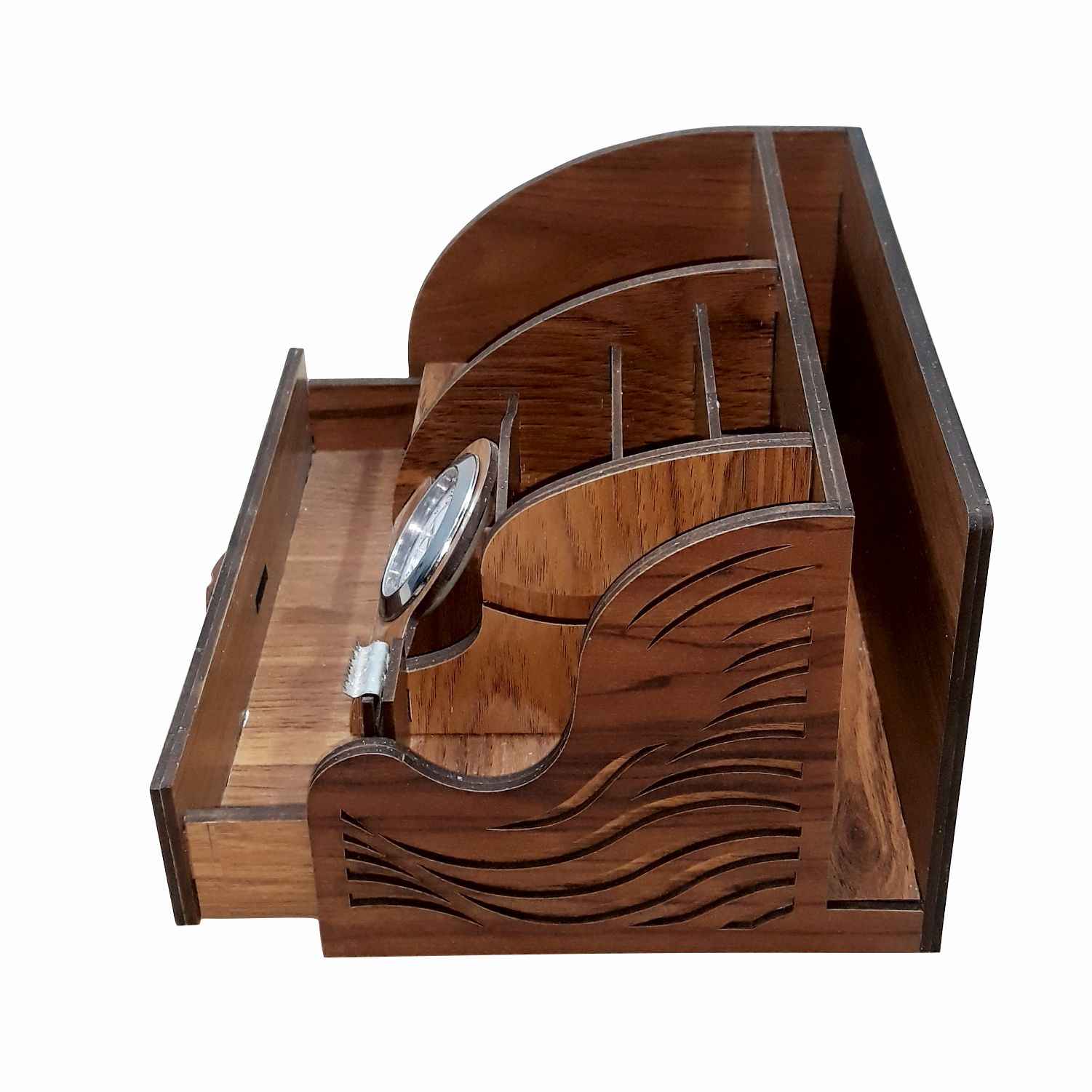 Wooden Office Desk Organizer with Built-in Clock - ShopiPersia