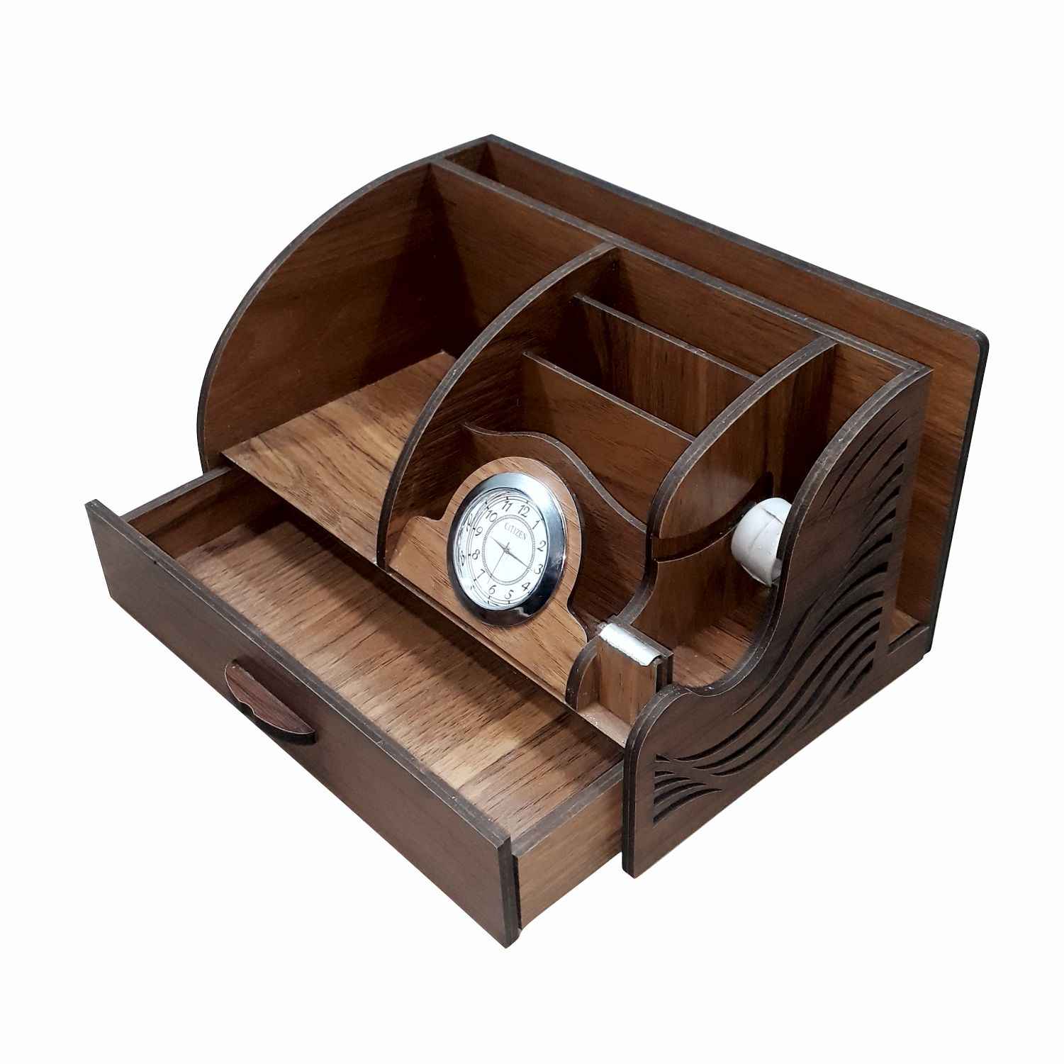 Wooden Office Desk Organizer with Built-in Clock - ShopiPersia