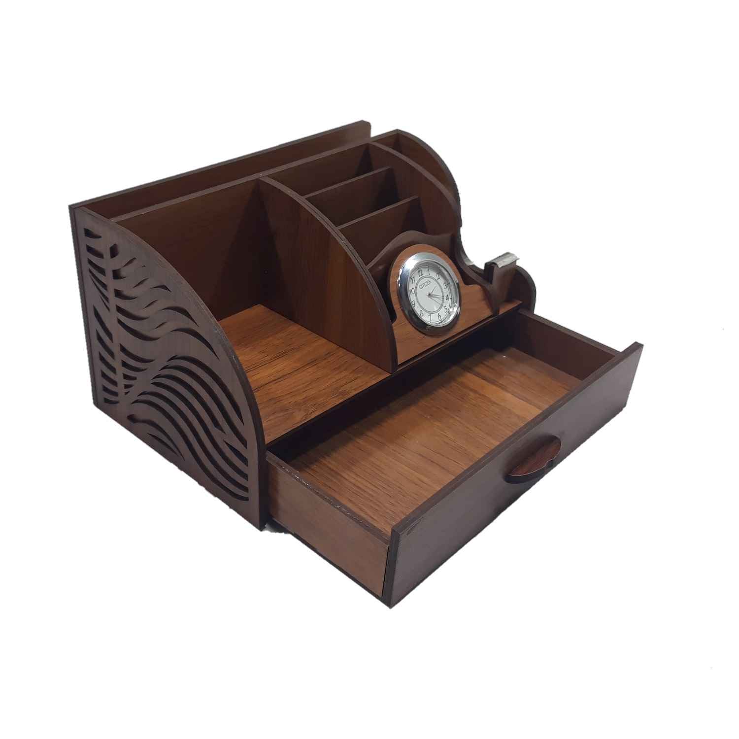 Wooden Office Desk Organizer with Built-in Clock - ShopiPersia
