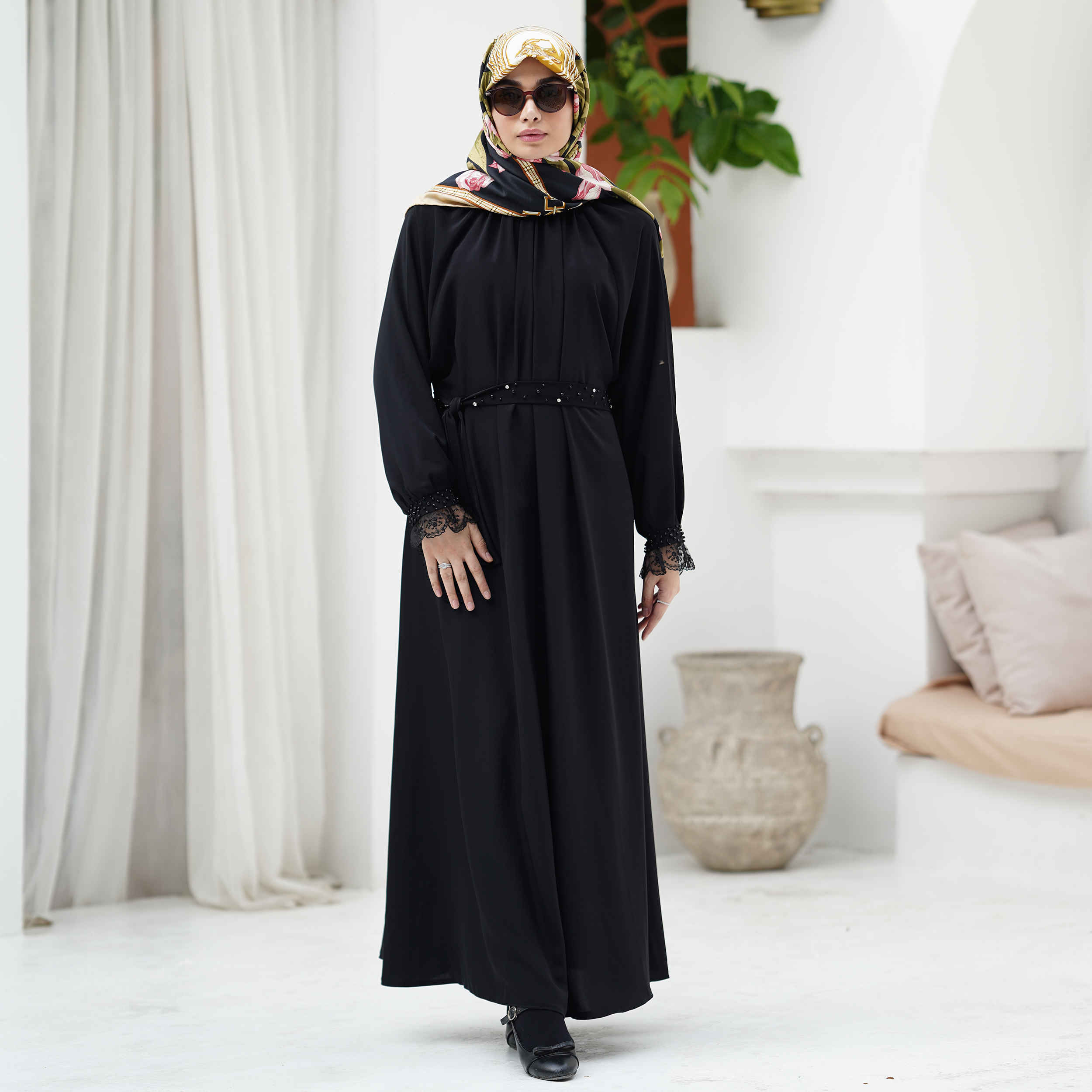 Loose Fit Abaya for Muslim Women with Belt in Black - ShopiPersia