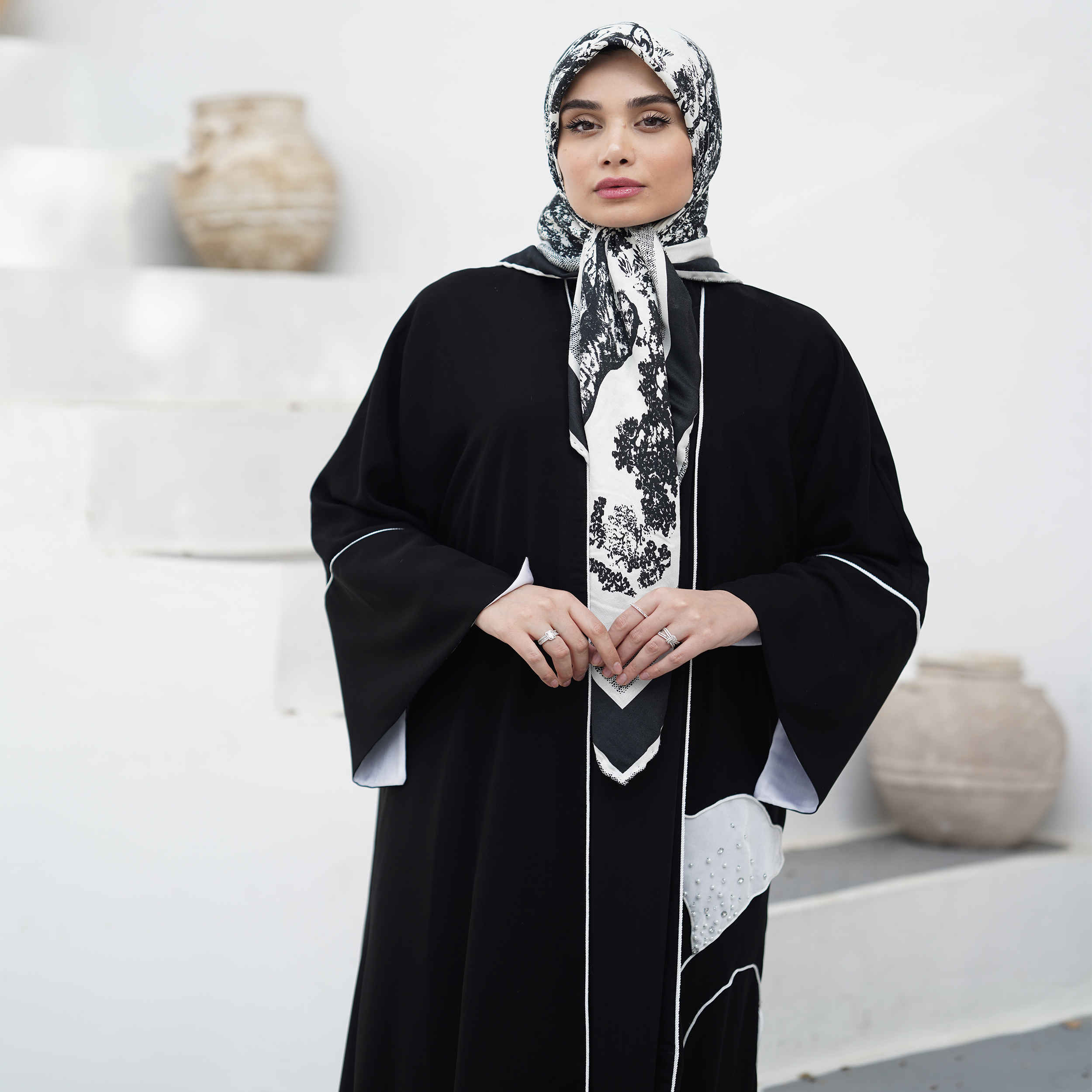 Loose Fit Abaya for Muslim Women with White Piping Design - ShopiPersia