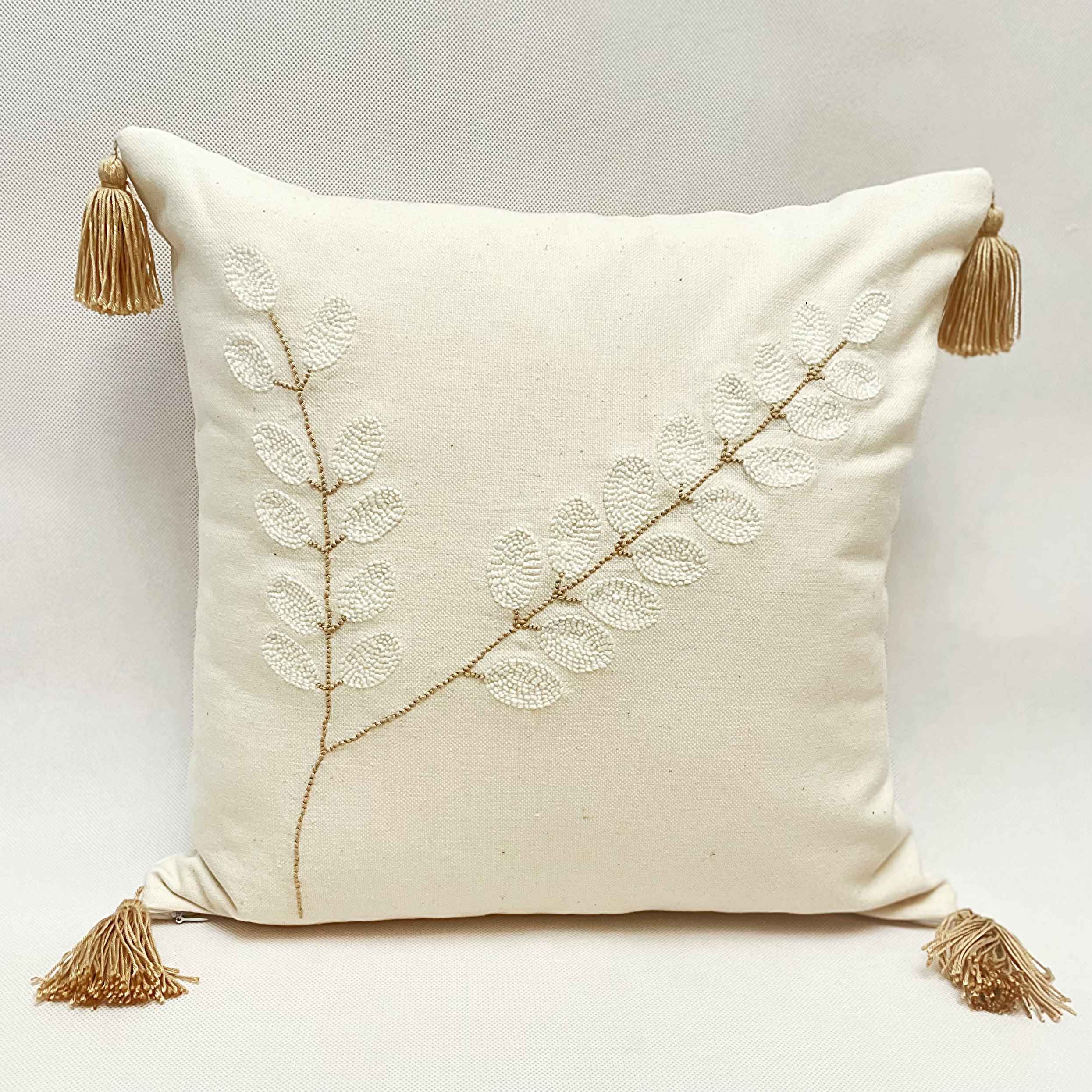 Punch Needle Cushion Cover - Embroidered Long Leaves Cream Design ...