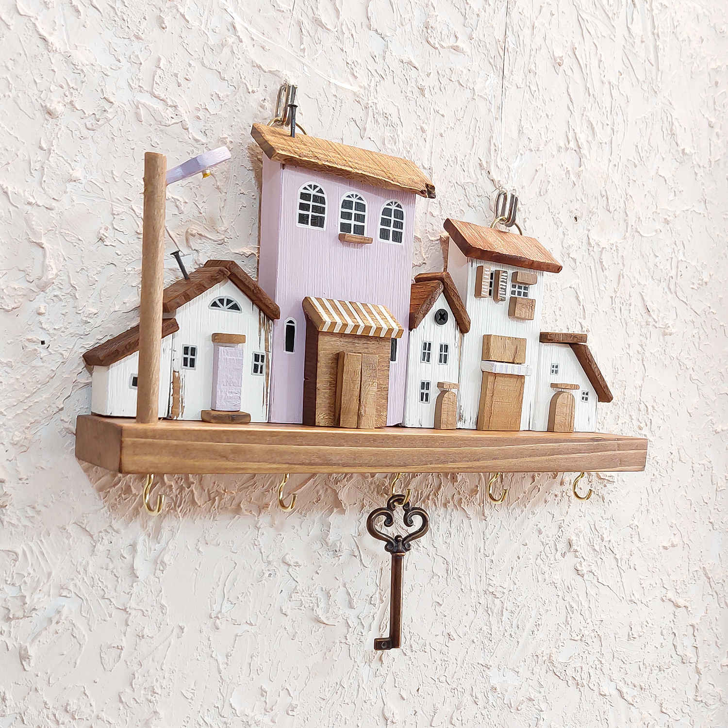 Decorative & Handcrafted Wall Key Holder with Five Hooks Model Village ...