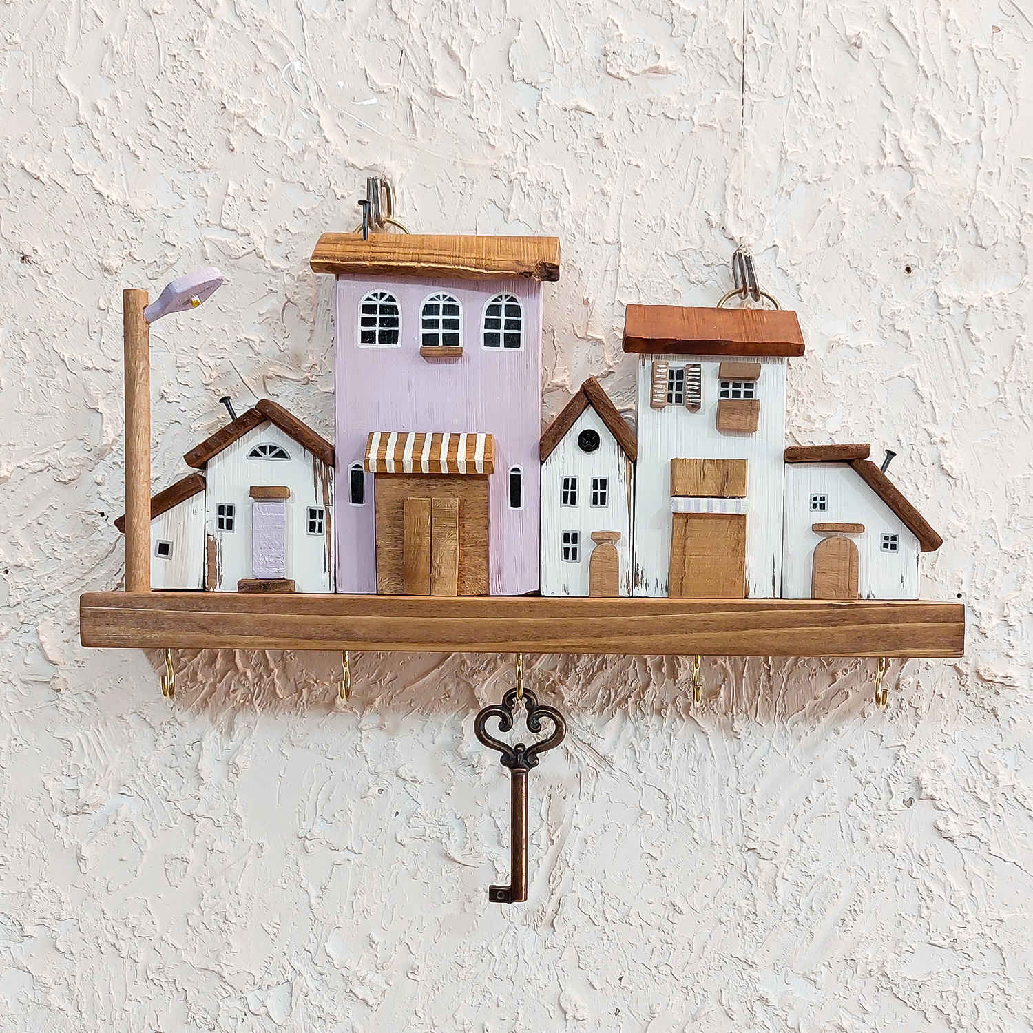 Decorative & Handcrafted Wall Key Holder with Five Hooks Model Village ...