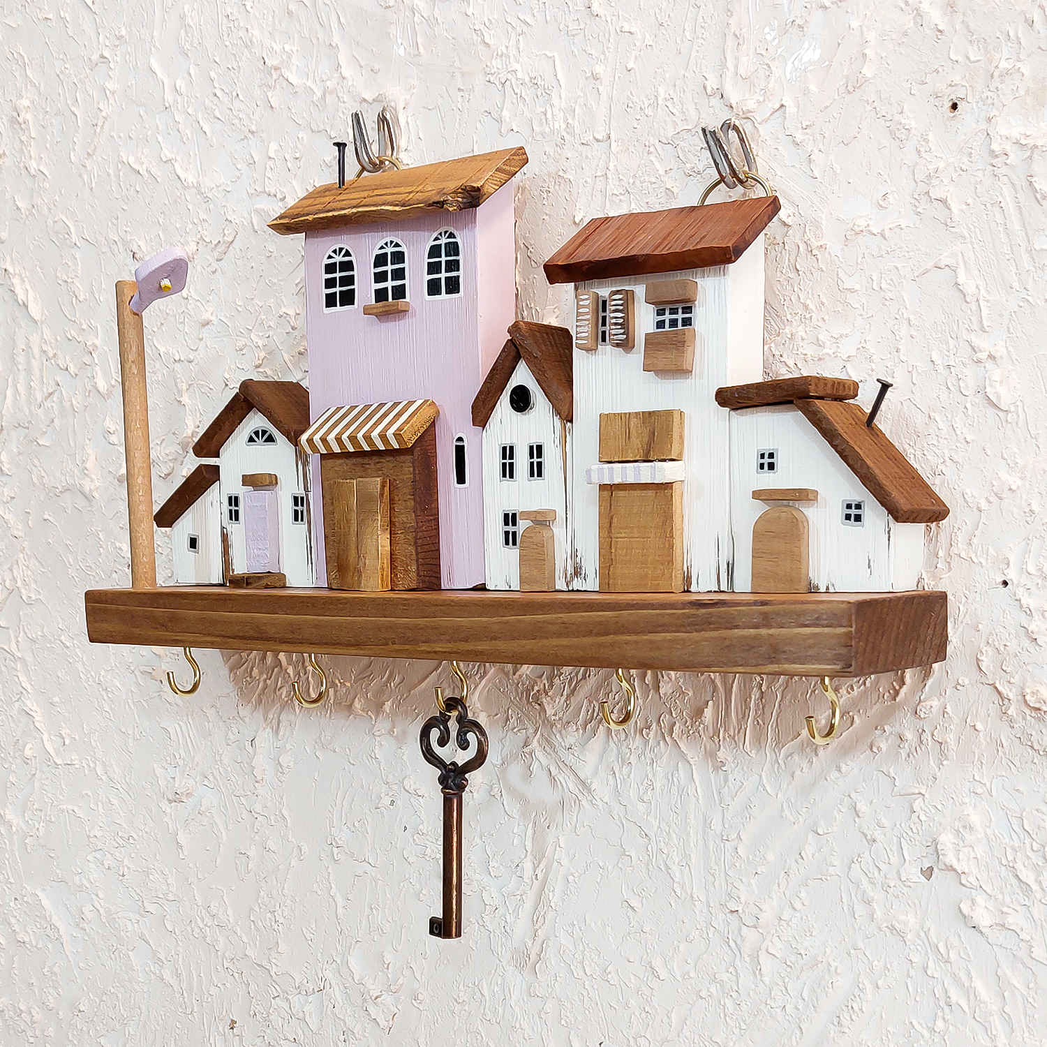 Decorative & Handcrafted Wall Key Holder with Five Hooks Model Village ...