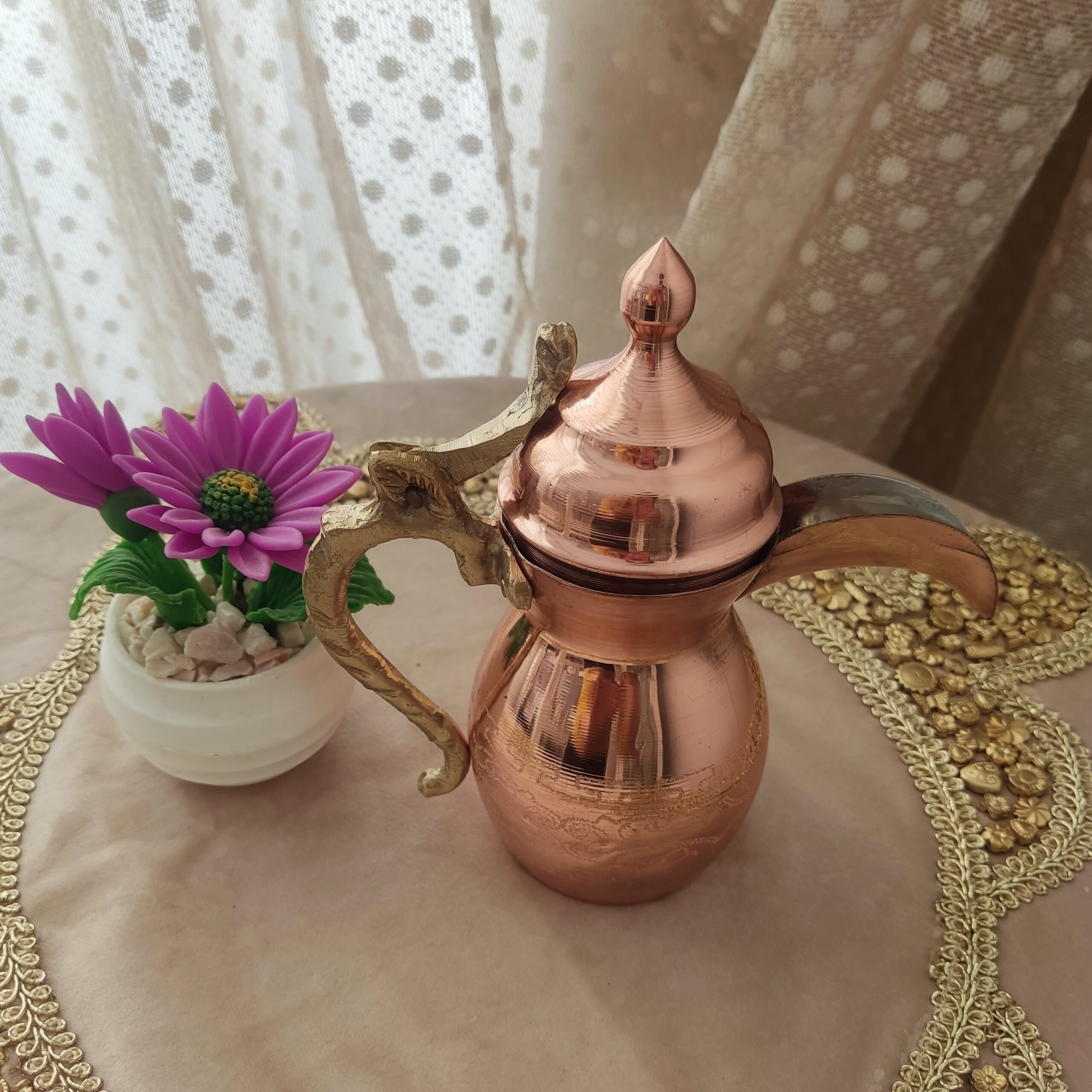Copper Dallah Coffee Pot for Brewing Qahwa & Arabic Coffee, Tinned ...